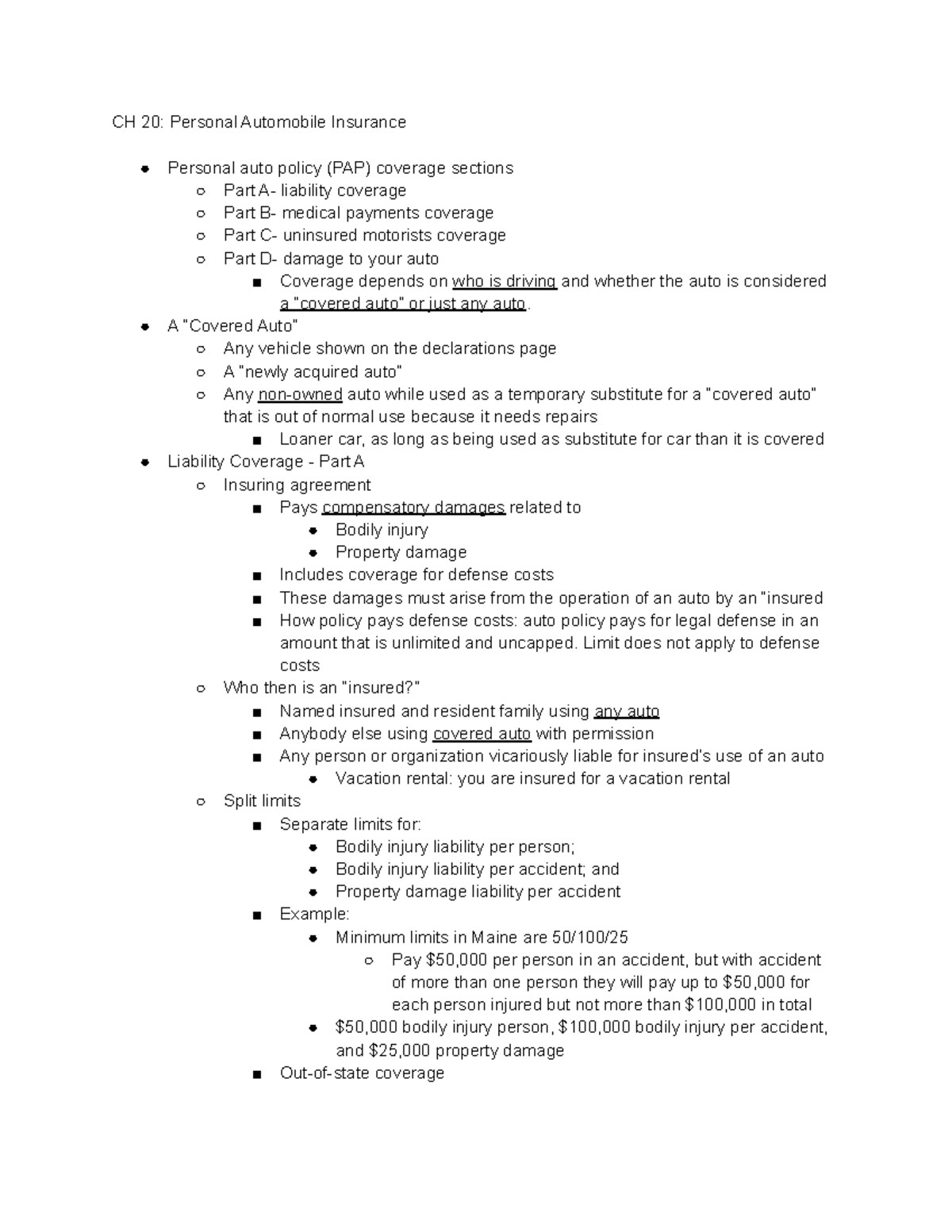 RMI 320- WEEK 8 Notes-2 - personal automobile insurance - CH 20 ...