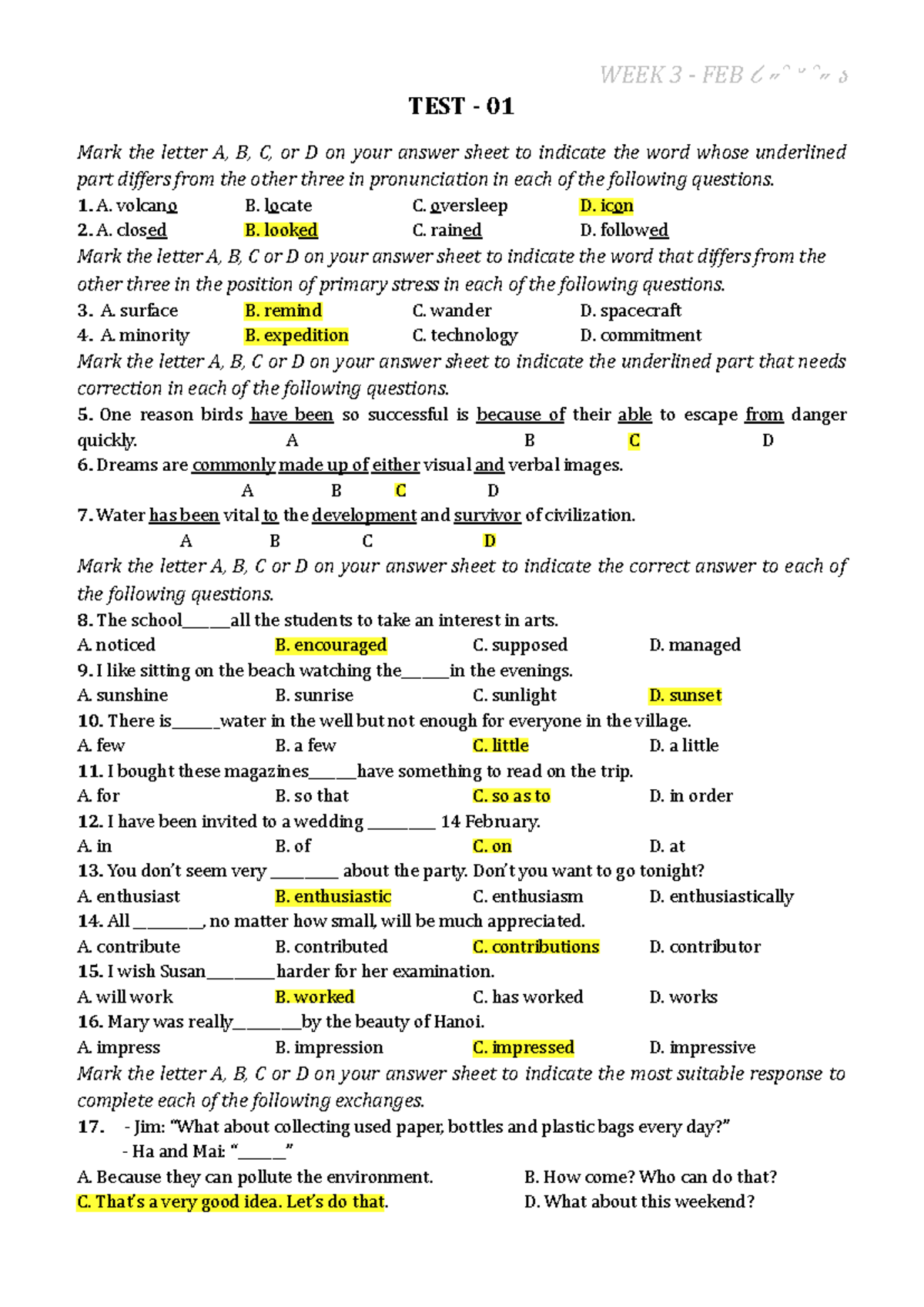 Weekly TEST - W3 FEB - TEST - 01 Mark the letter A, B, C, or D on your ...