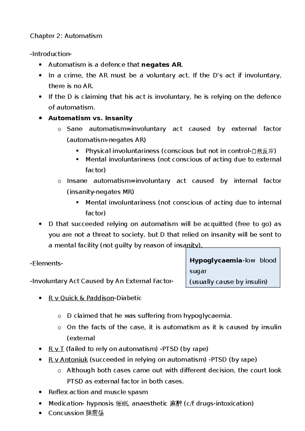 Criminal Law Chapter 2: Automatism - Chapter 2: Automatism ...