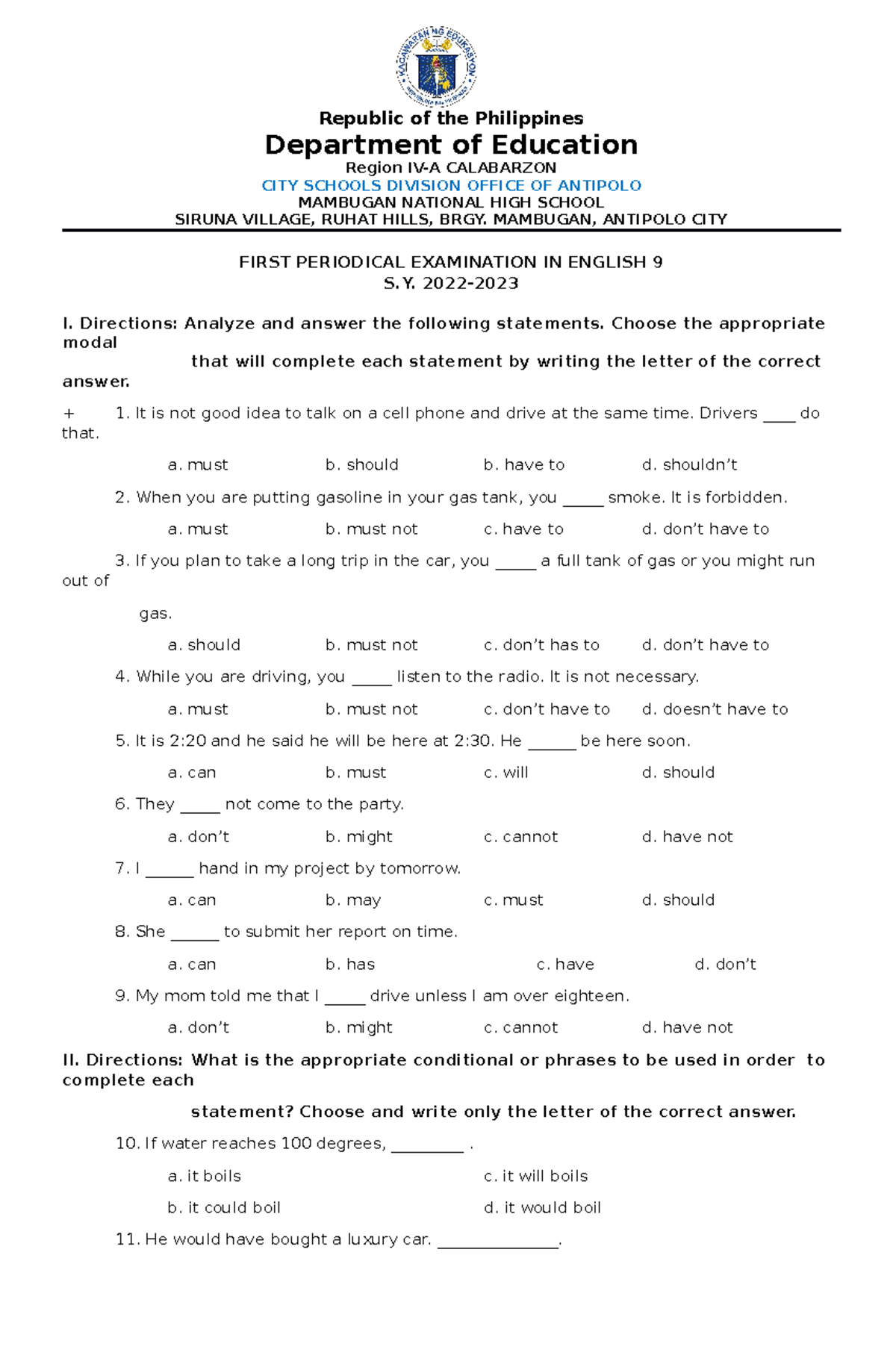 Mbnhs 1ST PT G9 - for reference - Republic of the Philippines ...