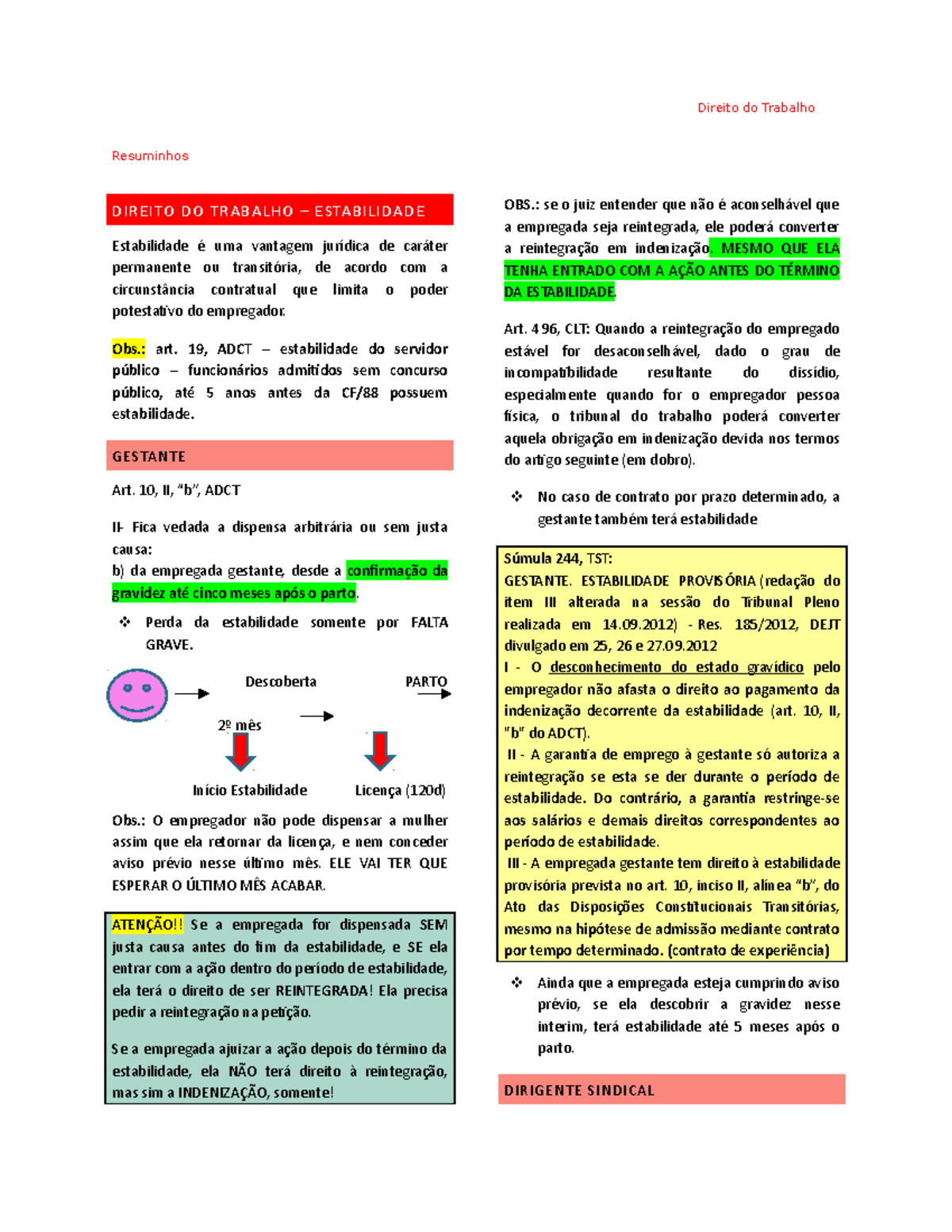 Direito do Trabalho - Estabilidade - Resuminhos DIREITO DO TRABALHO ...