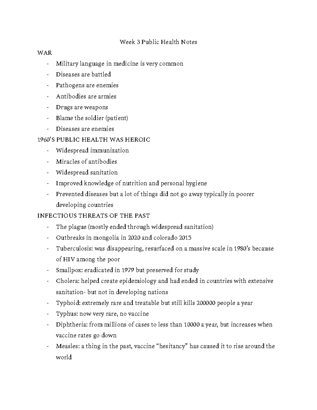 Week 3 Public Health Notes - Week 3 Public Health Notes WAR Military ...