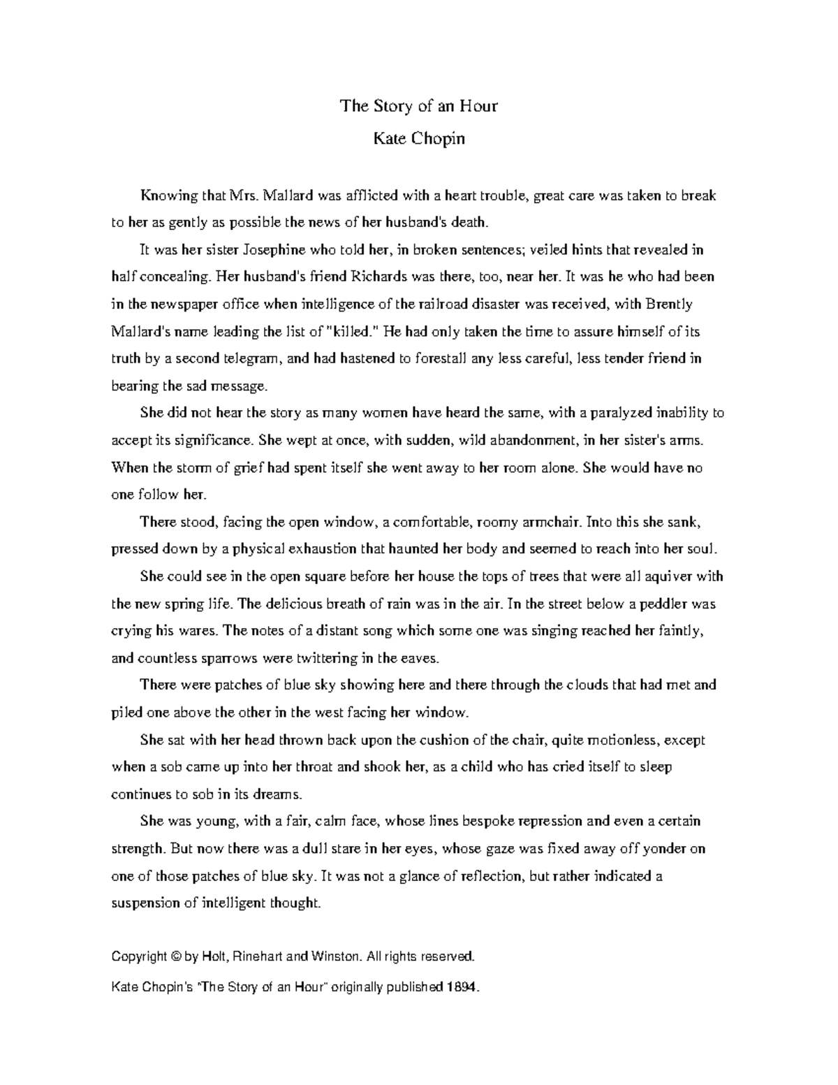 The Story of an Hour by Kate Chopin - The Story of an Hour Kate Chopin ...