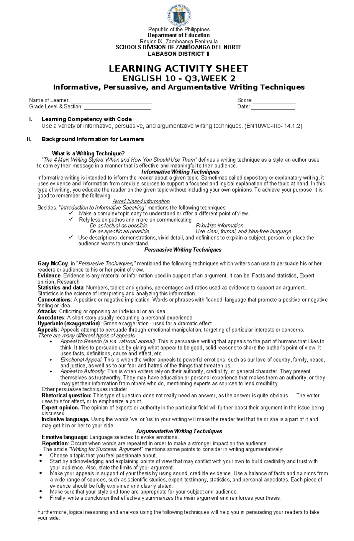 LAS-English 10-Q3-WEEK 2 - p Republic of the Philippines Department of ...