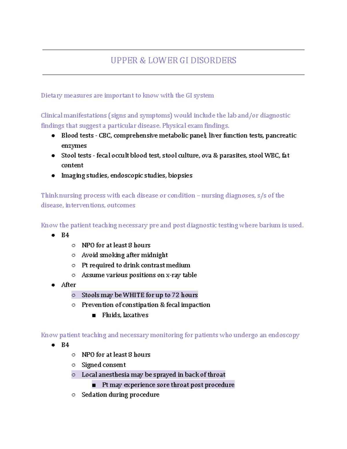 AC2 - upper:lower GI study guide - UPPER & LOWER GI DISORDERS Dietary ...