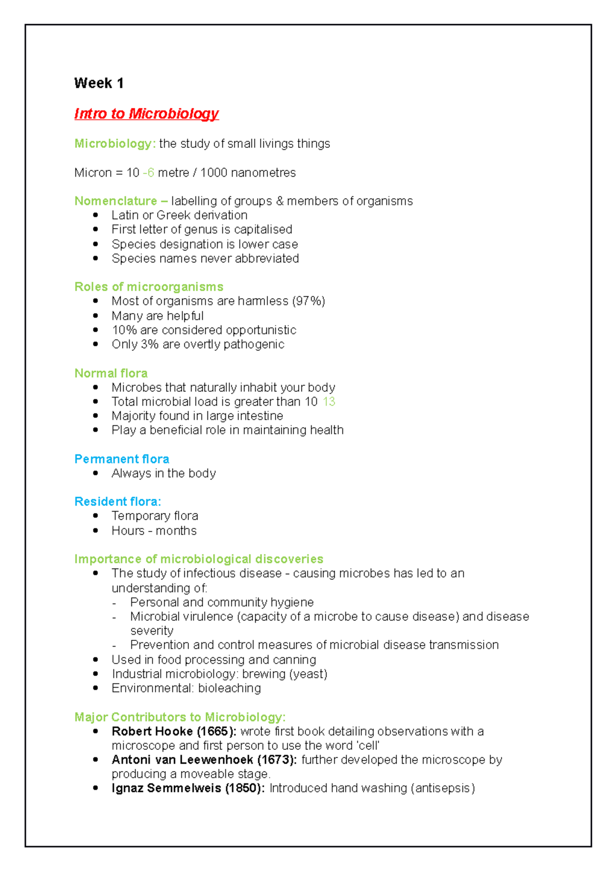 Week 1 - Week 1 notes - Week 1 Intro to Microbiology Microbiology: the ...