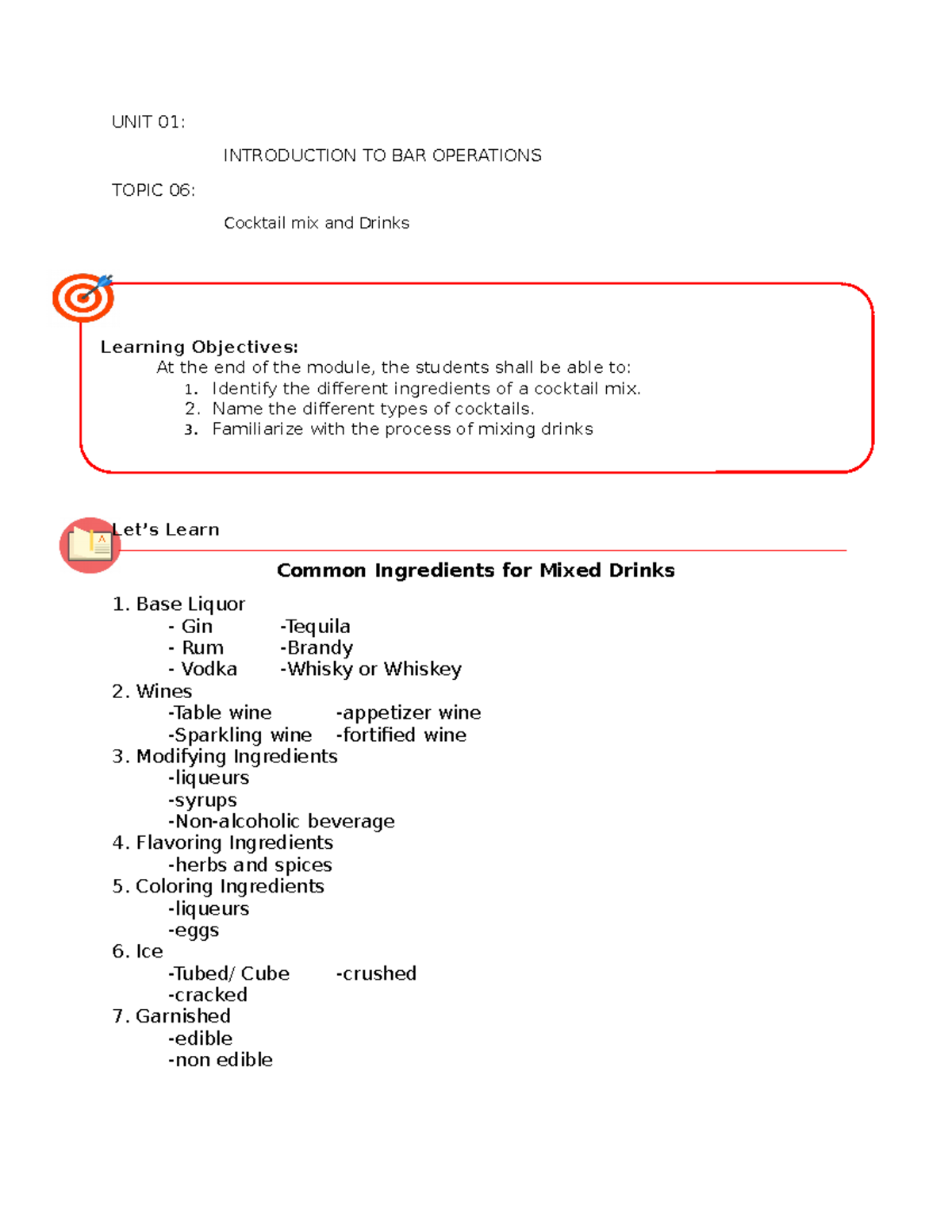 Unit 1 Topic 6 Cocktail Mix and Drinks - UNIT 01: INTRODUCTION TO BAR ...