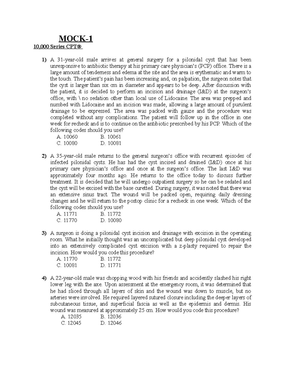 MOCK 01 2022 - Icd prep question - MOCK- 10,000 Series CPT® 1) A 31 ...
