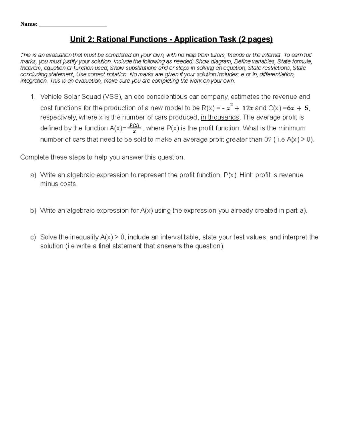 Period 4 MHF4U Unit 2 Test A, T I, C - Unit 2: Rational Functions ...