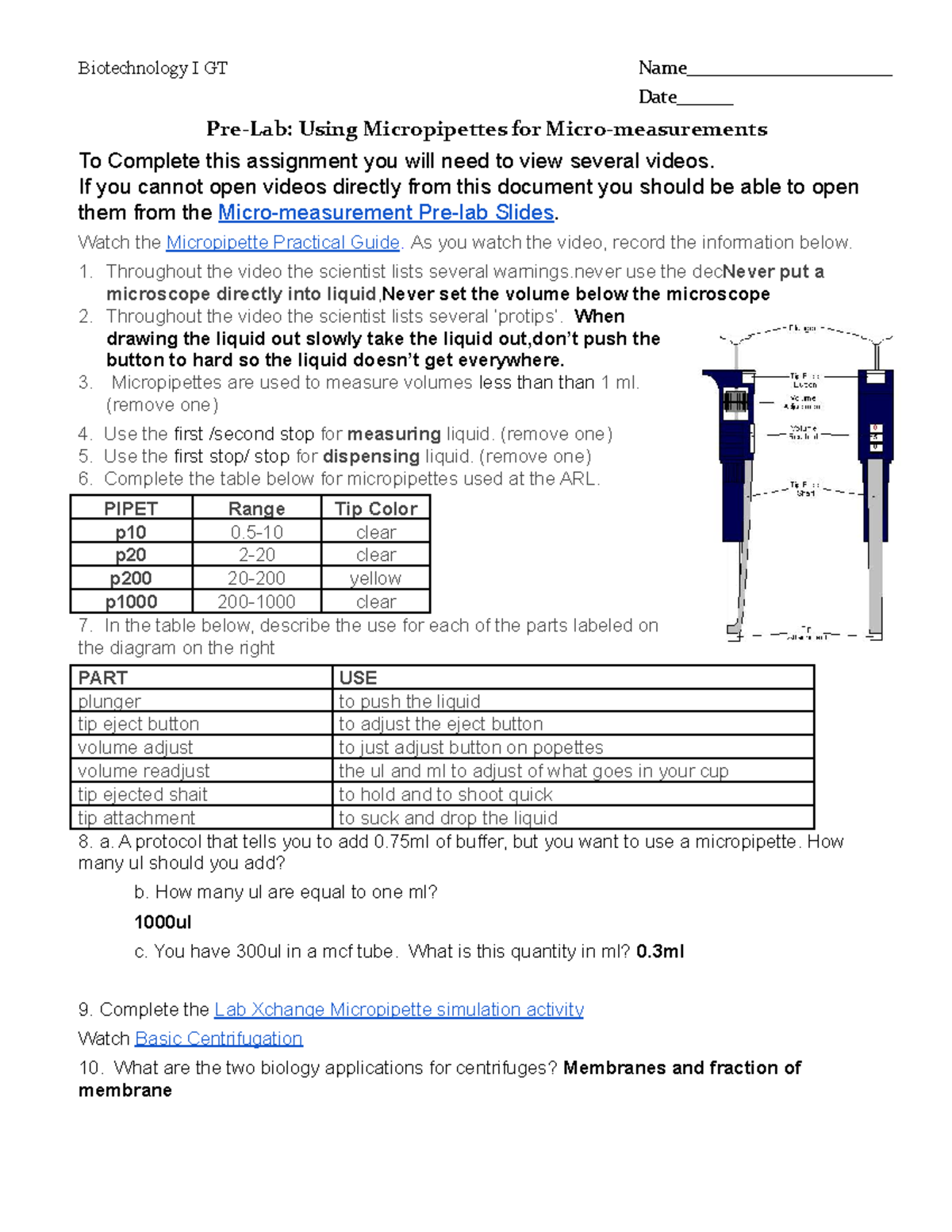 Copy of Micropipettes Pre Lab 22-23 Walker - Biotechnology I GT Name