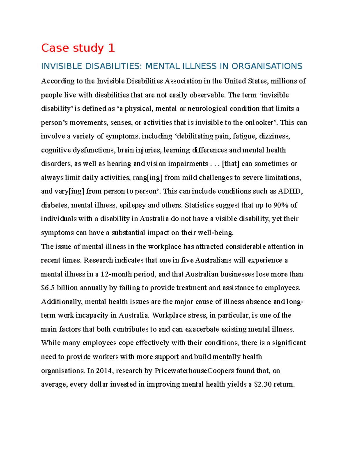 Case study 1 - áddsa - Case study 1 INVISIBLE DISABILITIES: MENTAL ...