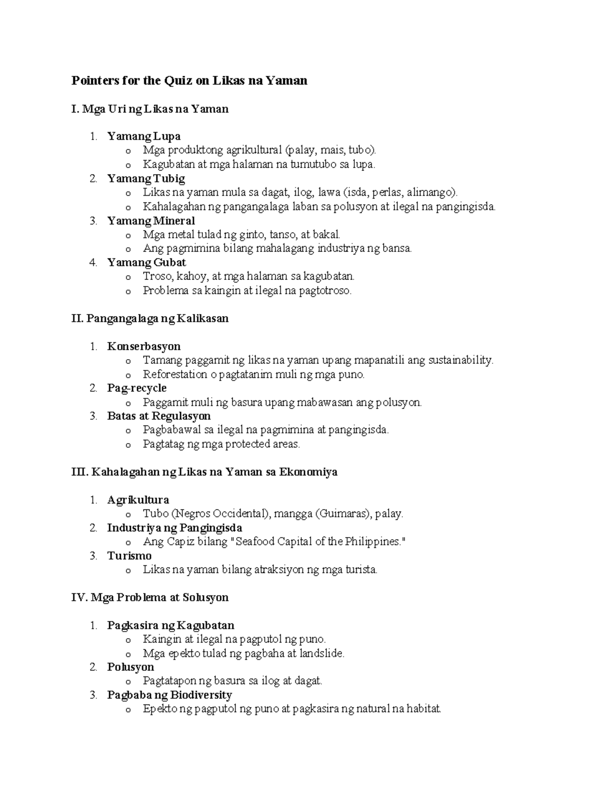 Pointers Grade 4 - jhkj - Pointers for the Quiz on Likas na Yaman I. Mga Uri ng Likas na Yaman 1 ...