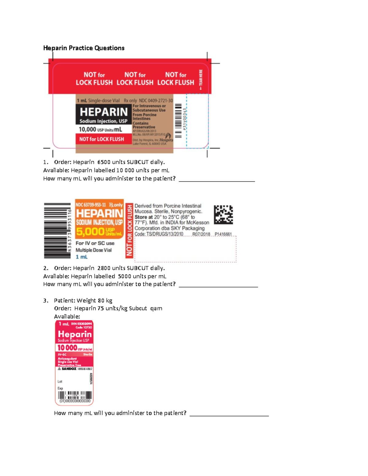 Heparin and Insulin Practice Questions - Heparin Practice Questions 1 ...