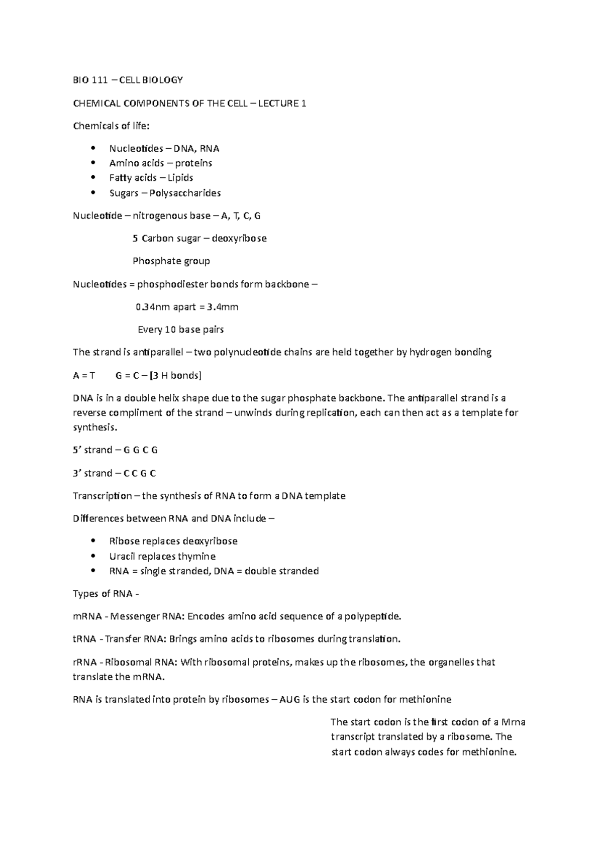 BIO 111 CELL Biology - chemical components of the cell - BIO 111 – CELL ...