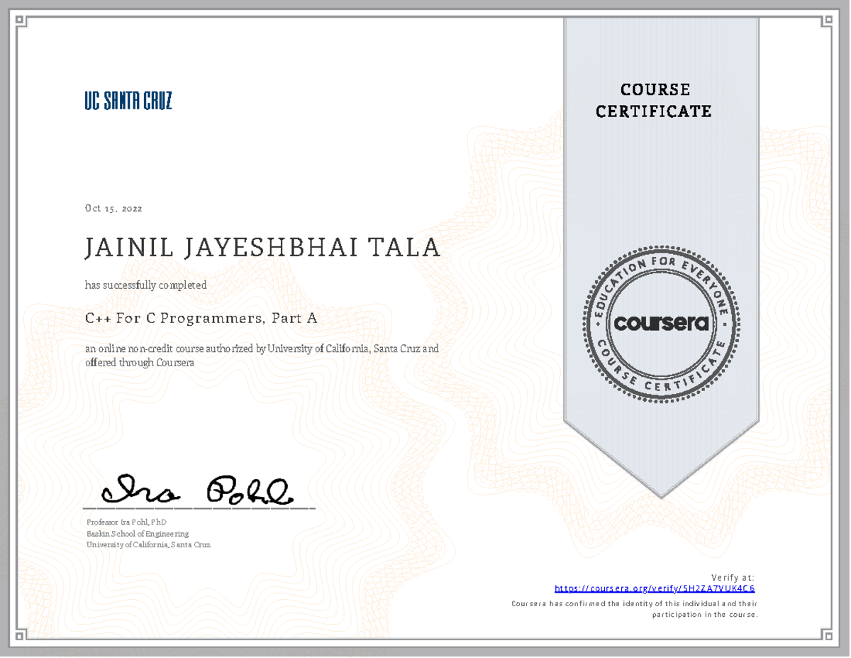 C++ for c programmers certificate - O c t 1 5 , 2 02 2 JAINIL JAYESH BH ...