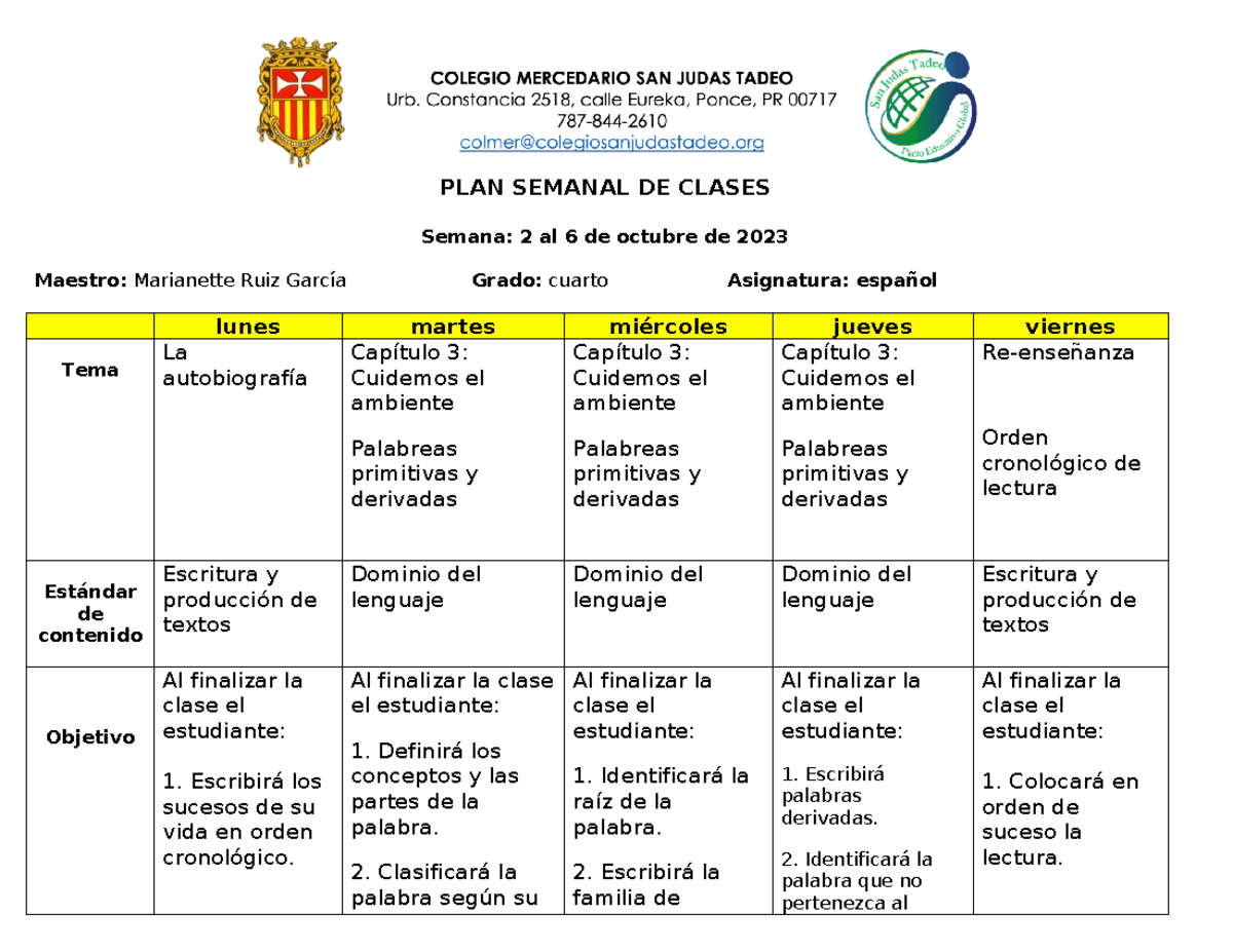 Planificación 2 al 6 de octubre 2023 cuarto grado - PLAN SEMANAL DE ...