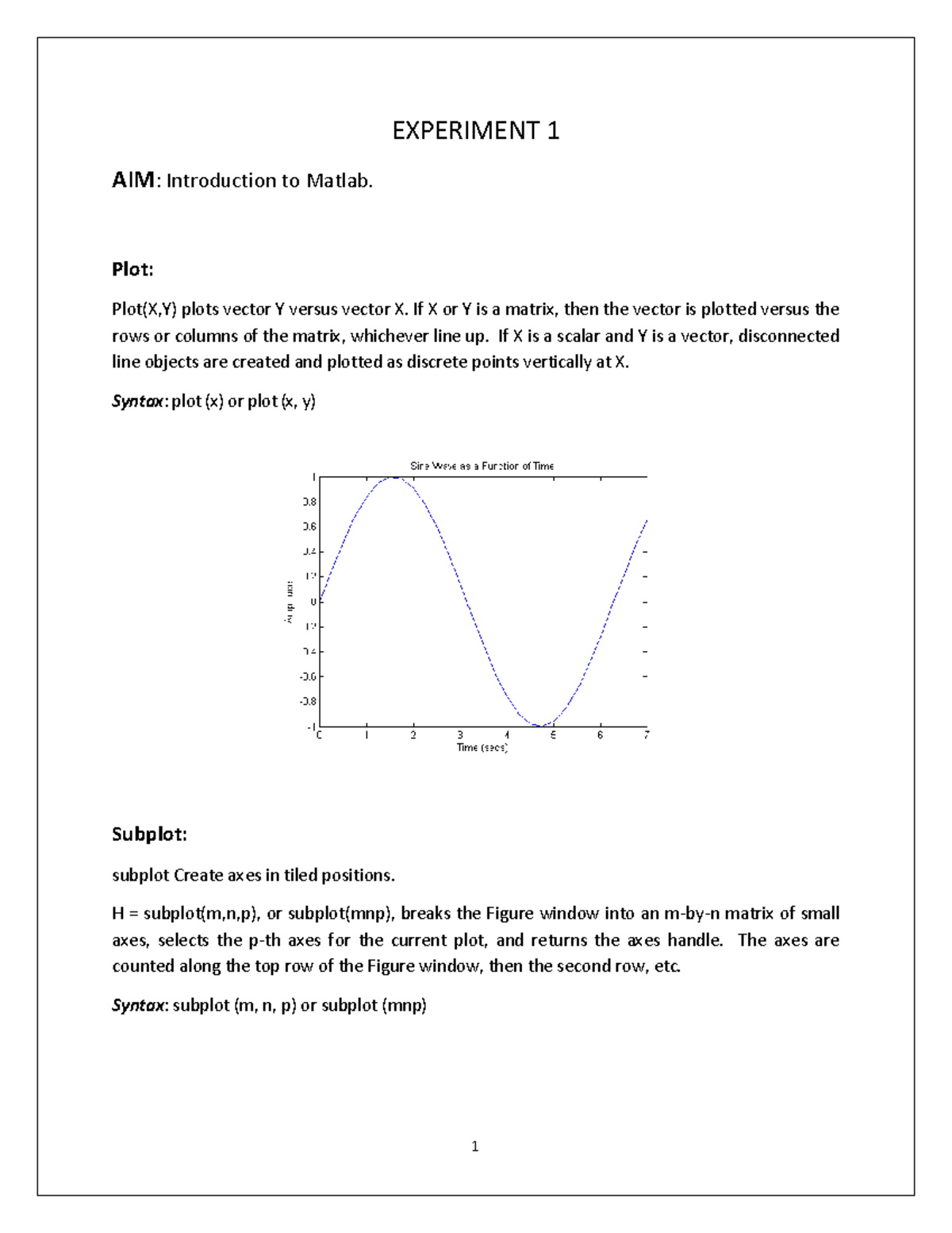 3 - Computer Science and Engineering (Btech1) - Edit - EXPERIMENT 1 AIM: Introduction to Matlab ...