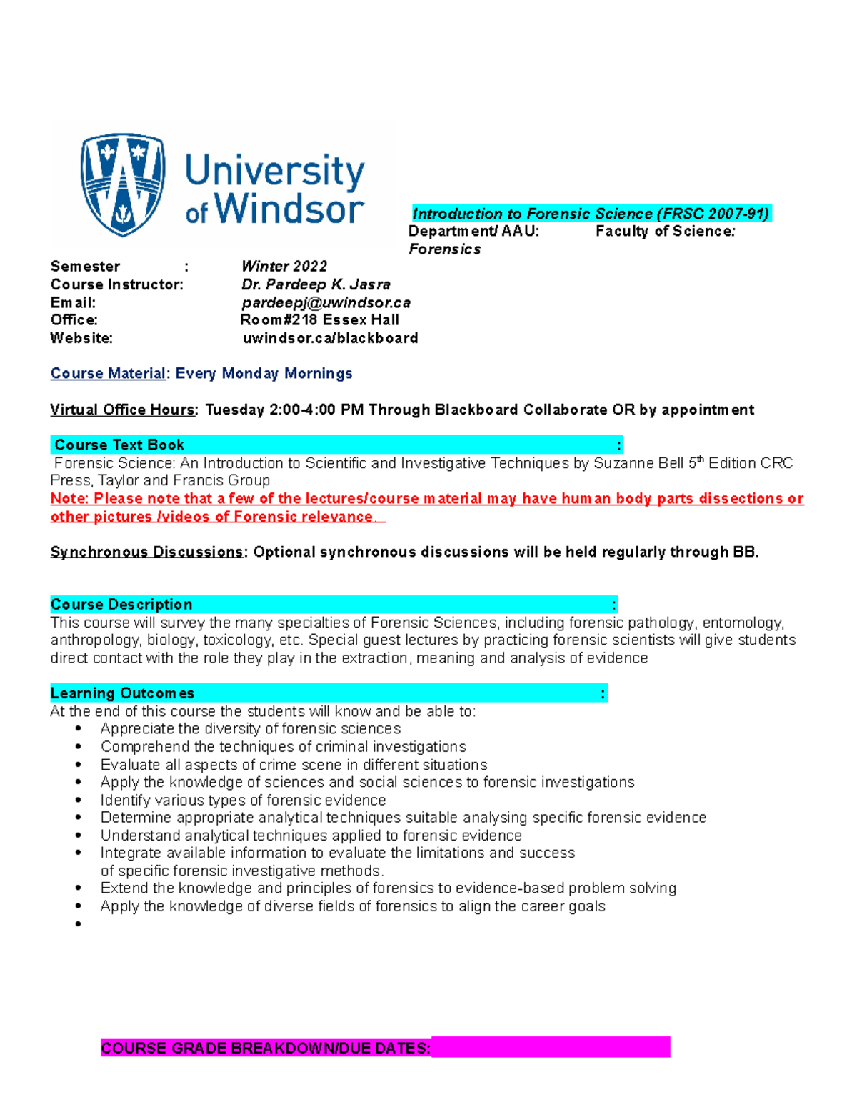 Course outline W2022 F1 Syllabus - Introduction to Forensic Science ...