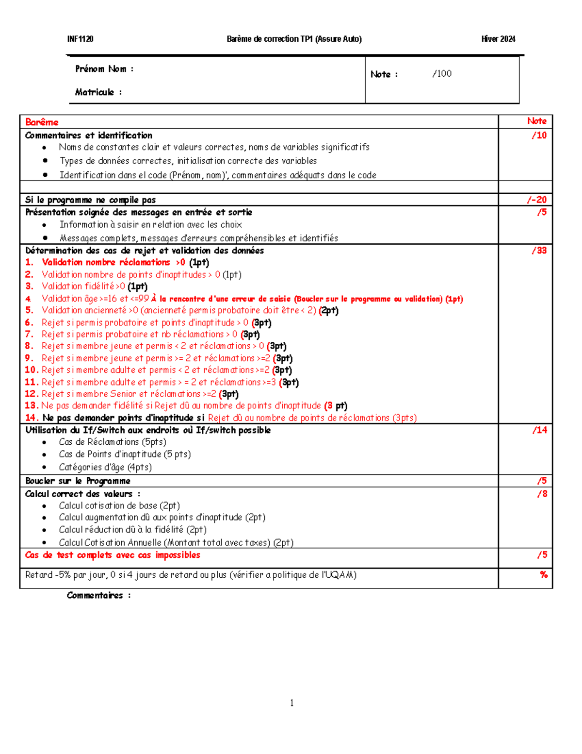 Grille de correction TP1 INF1120 H24 - INF1120 Barème de correction TP1 (Assure Auto) Hiver 2024 ...