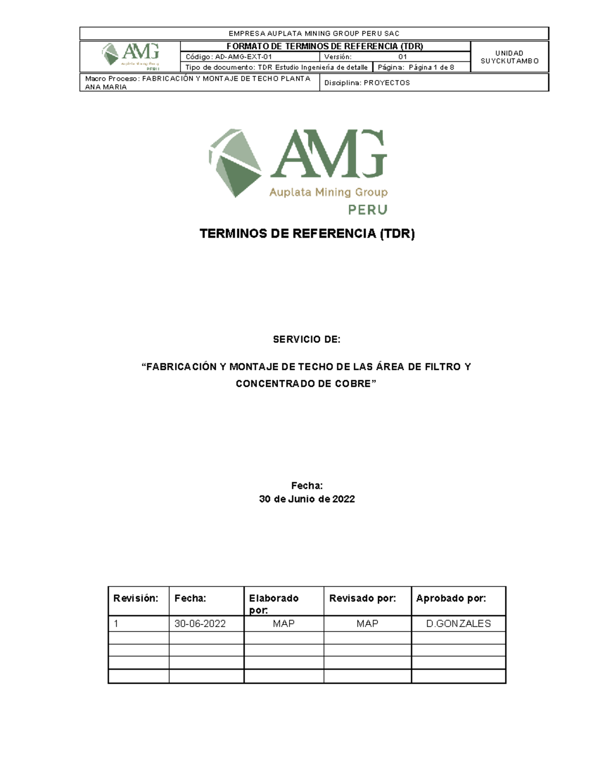 TDR - Construccion y Montaje de Techo Filtro y Cobre - FORMATO DE ...