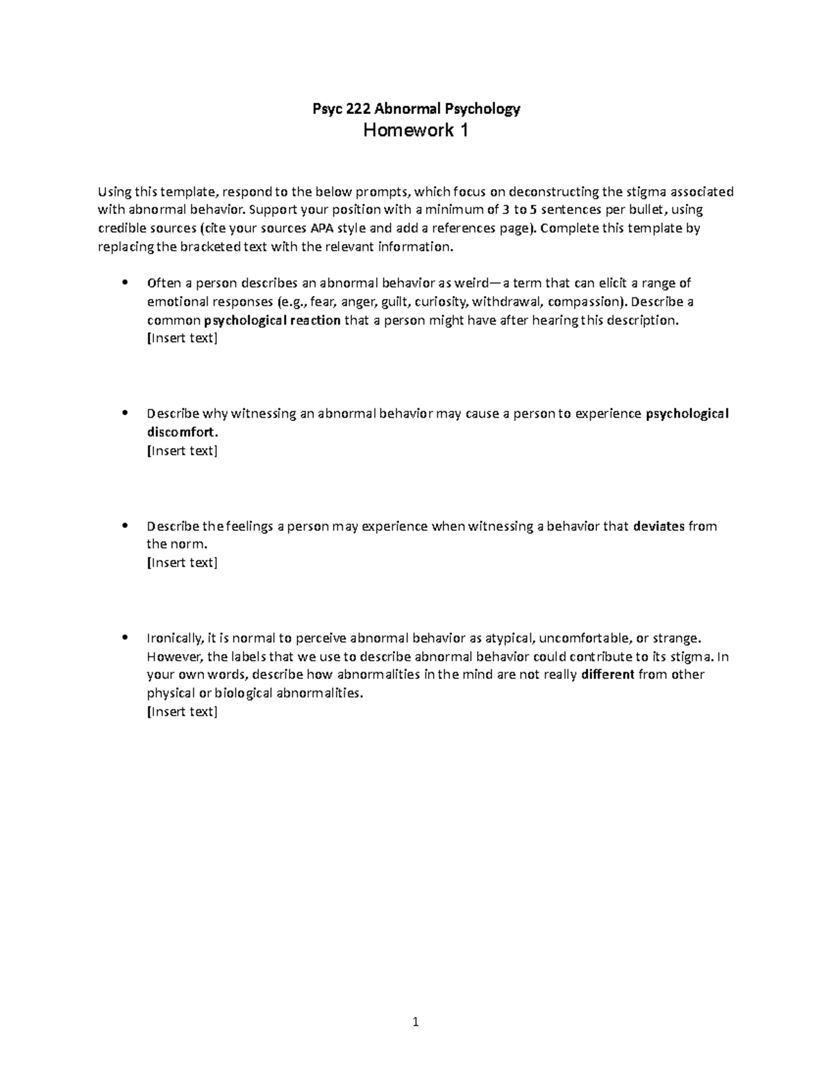 Homework 1 Template - homeowkr - Psyc 222 Abnormal Psychology Homework ...