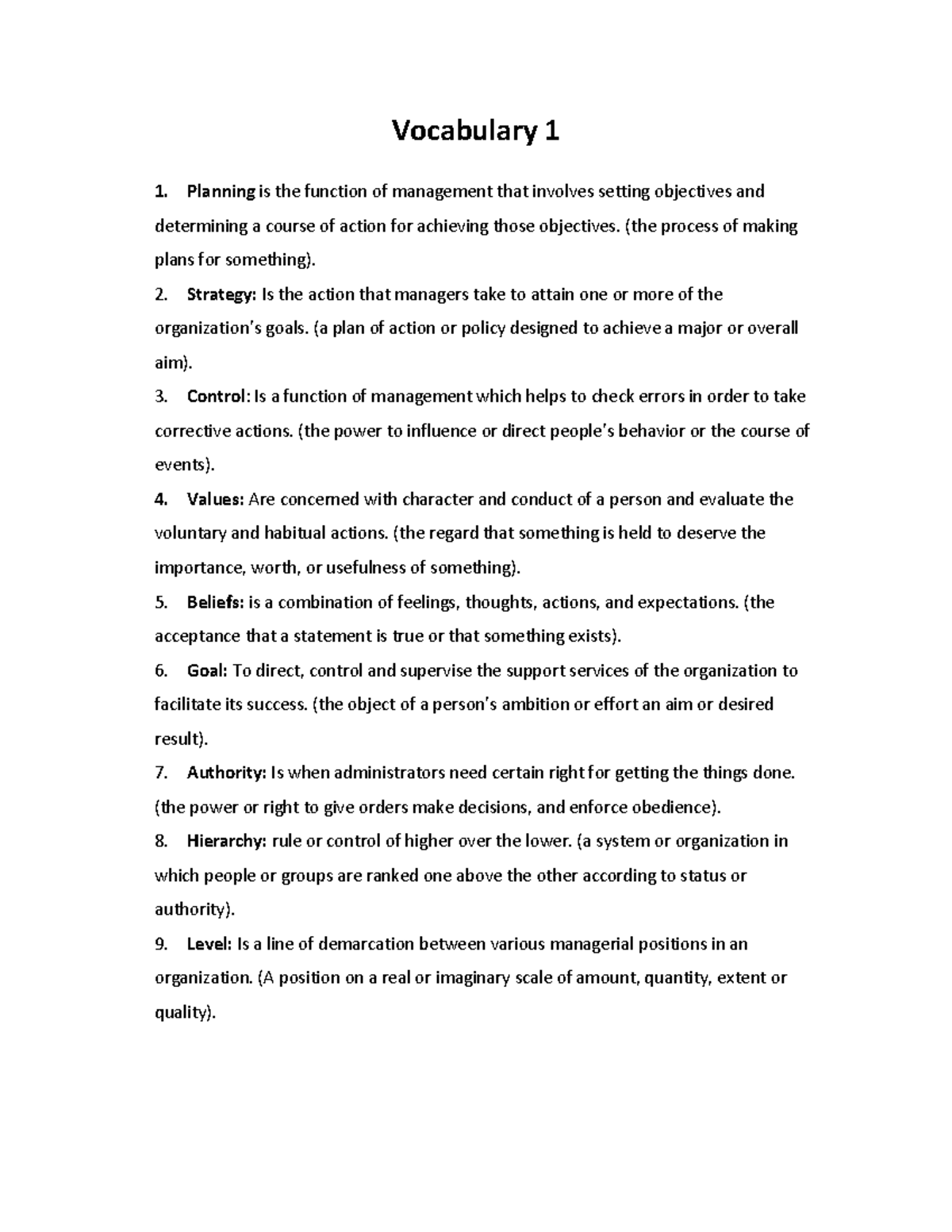 Activity A11- Vocabulary I - Vocabulary 1 Planning is the function of ...