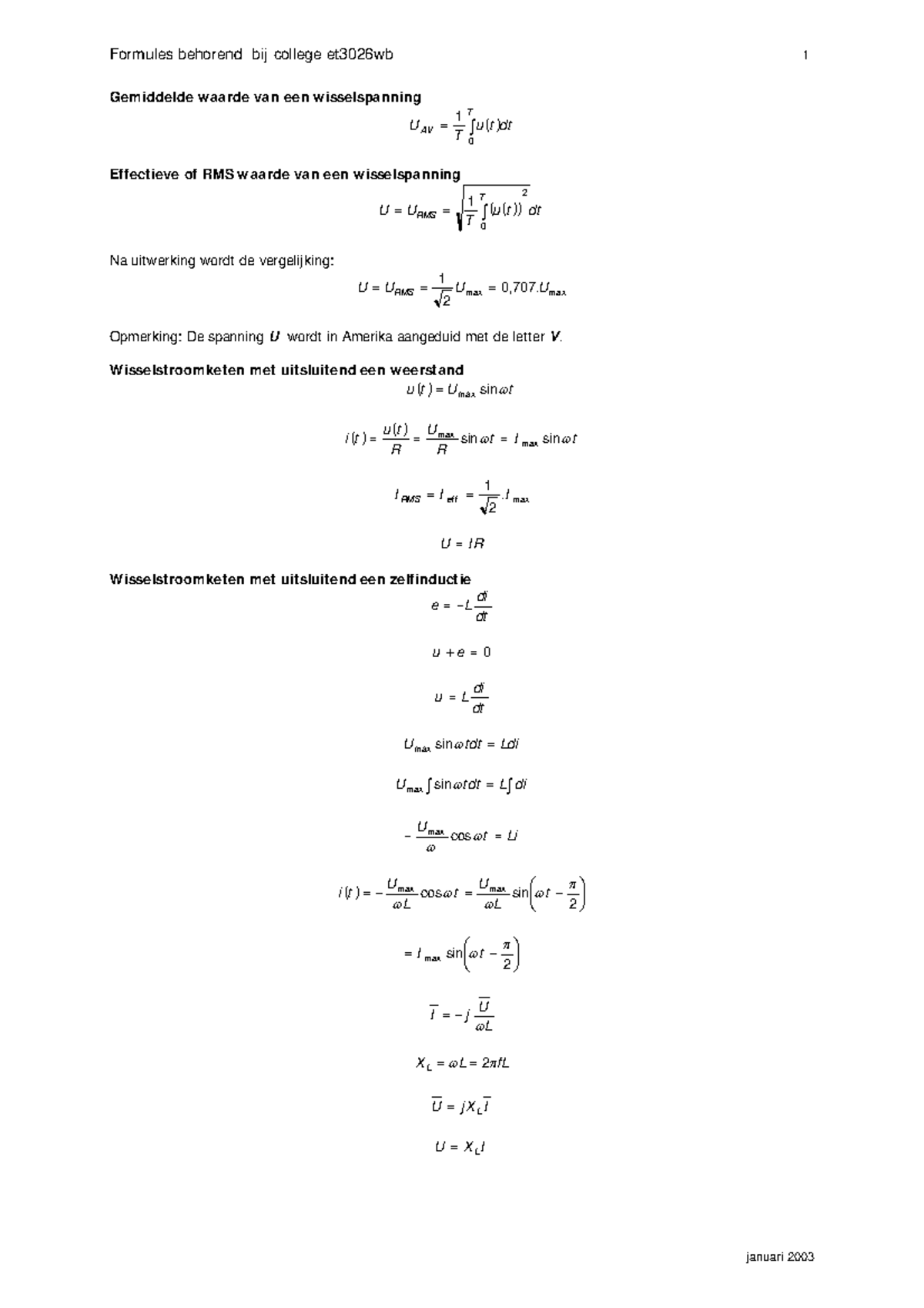 Formuleblad Wisselspanning - Formules behorend bij college et3026wb 1 ...