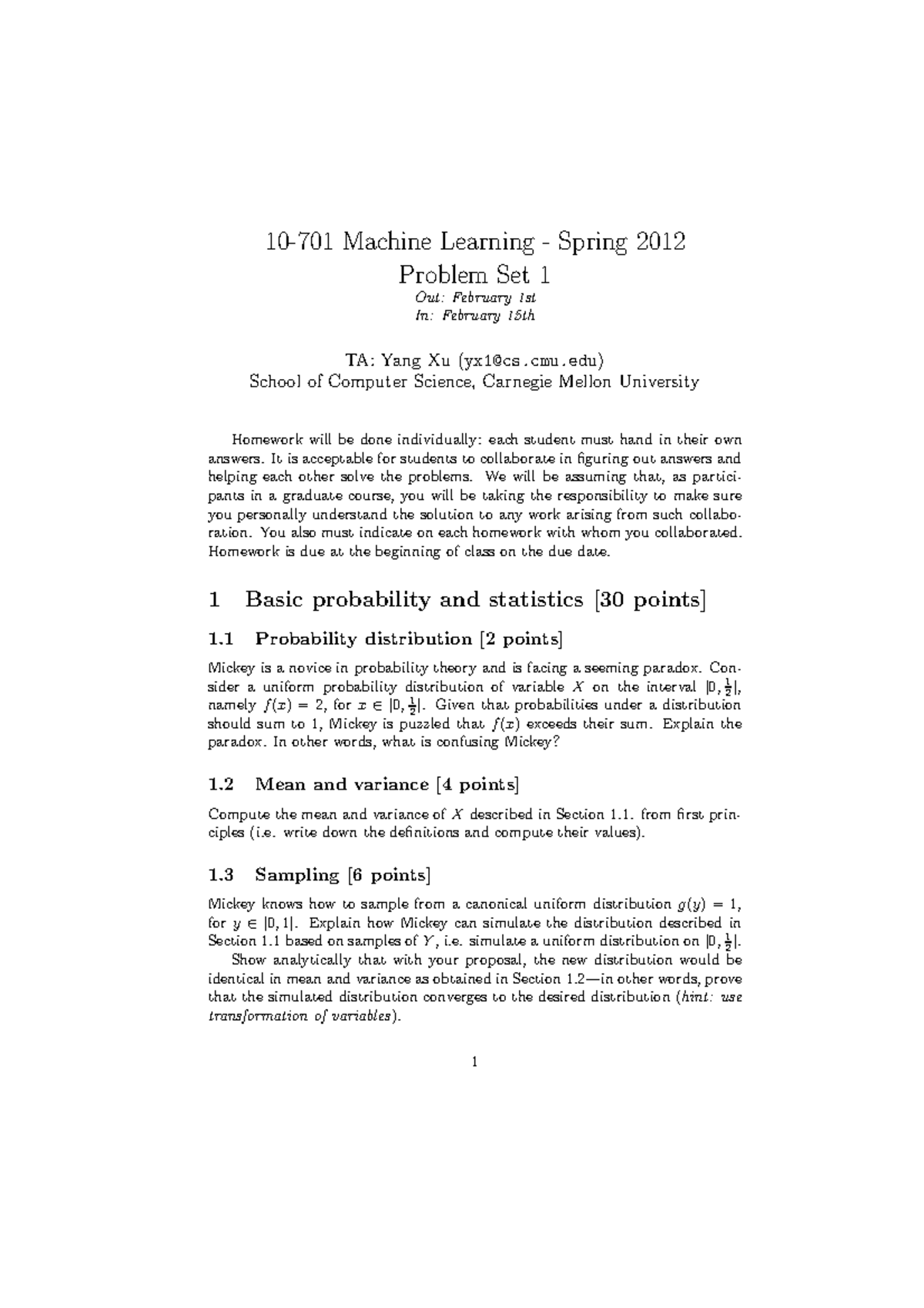 Problem set 1 Machine Learning - 10-701 Machine Learning - Spring 2012 ...