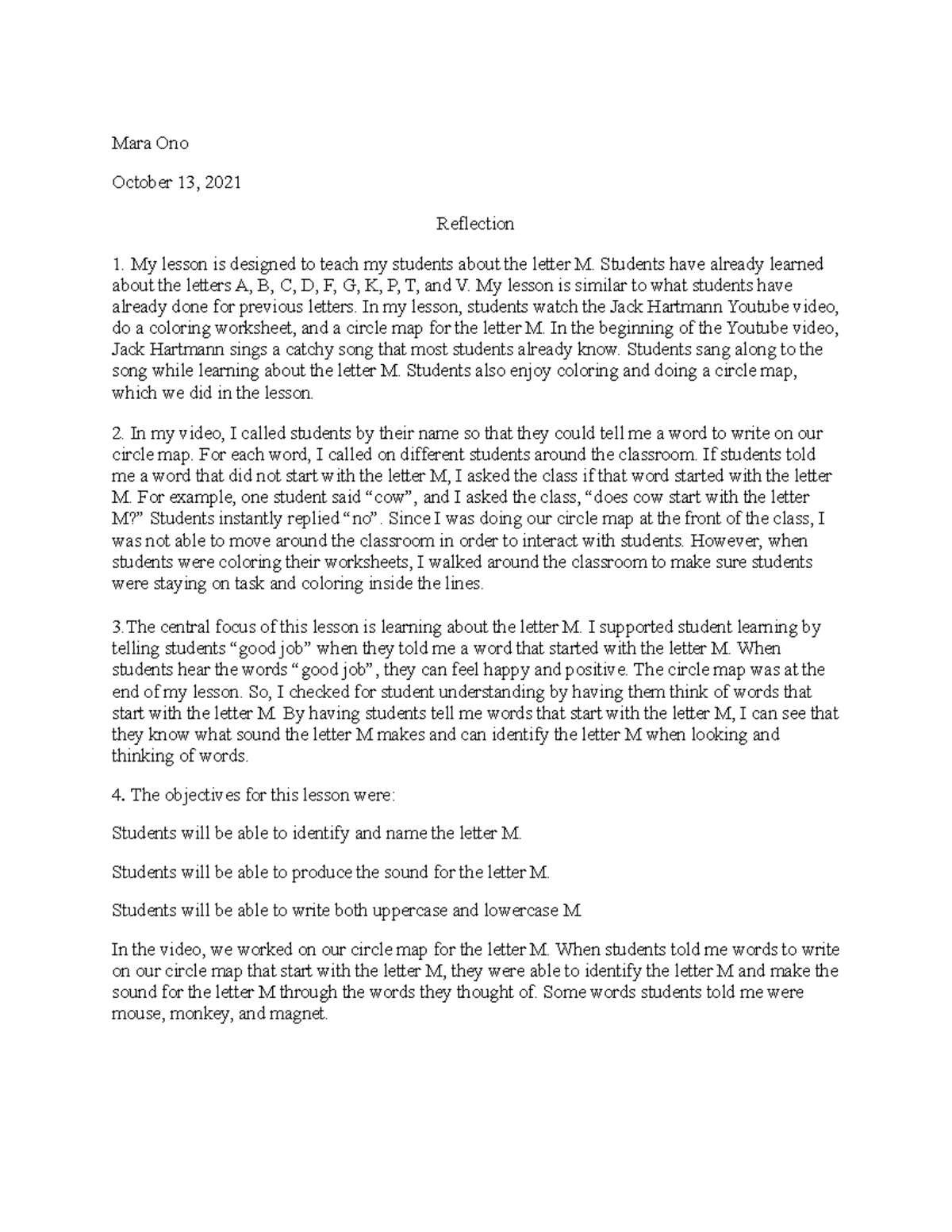 Reflection assignment - Mara Ono October 13, 2021 Reflection My lesson ...