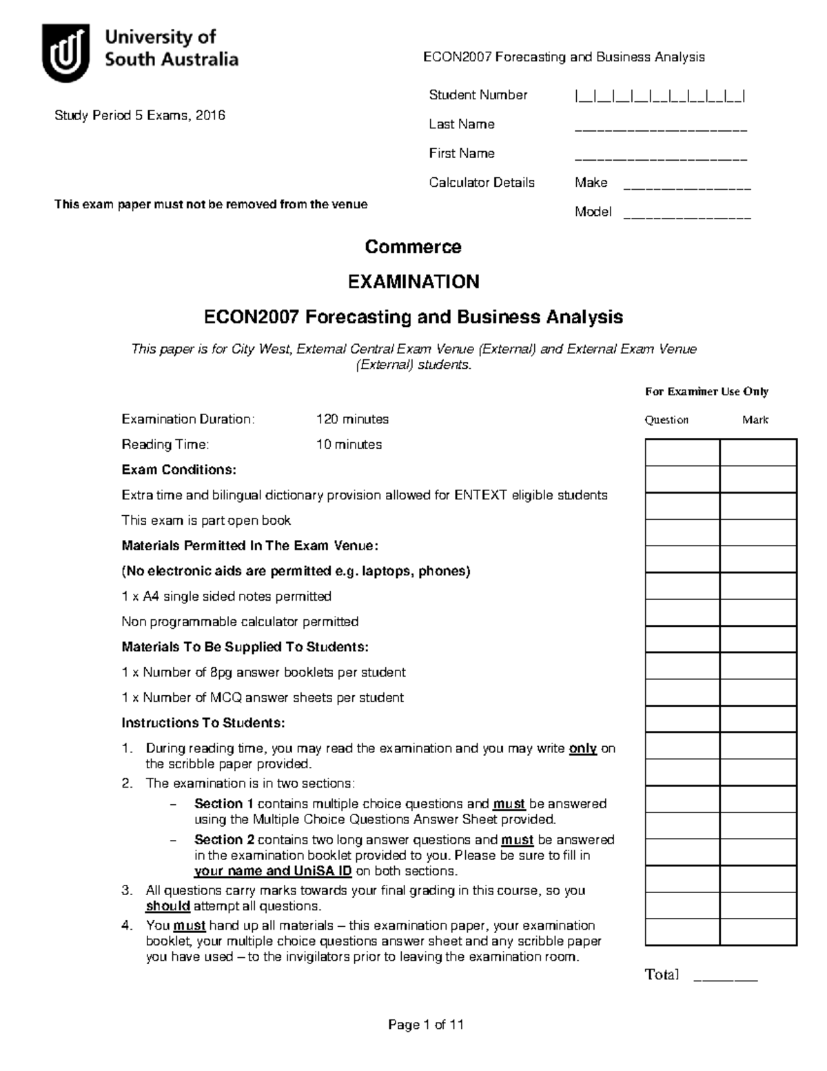 EBA- Exams-QUIZ - Past EBA Quiz and Exams - ECON2007 Forecasting and ...