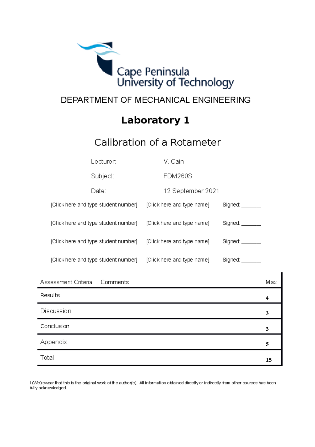 Lab 1-Calibration of a Rotameter - DEPARTMENT OF MECHANICAL ENGINEERING ...