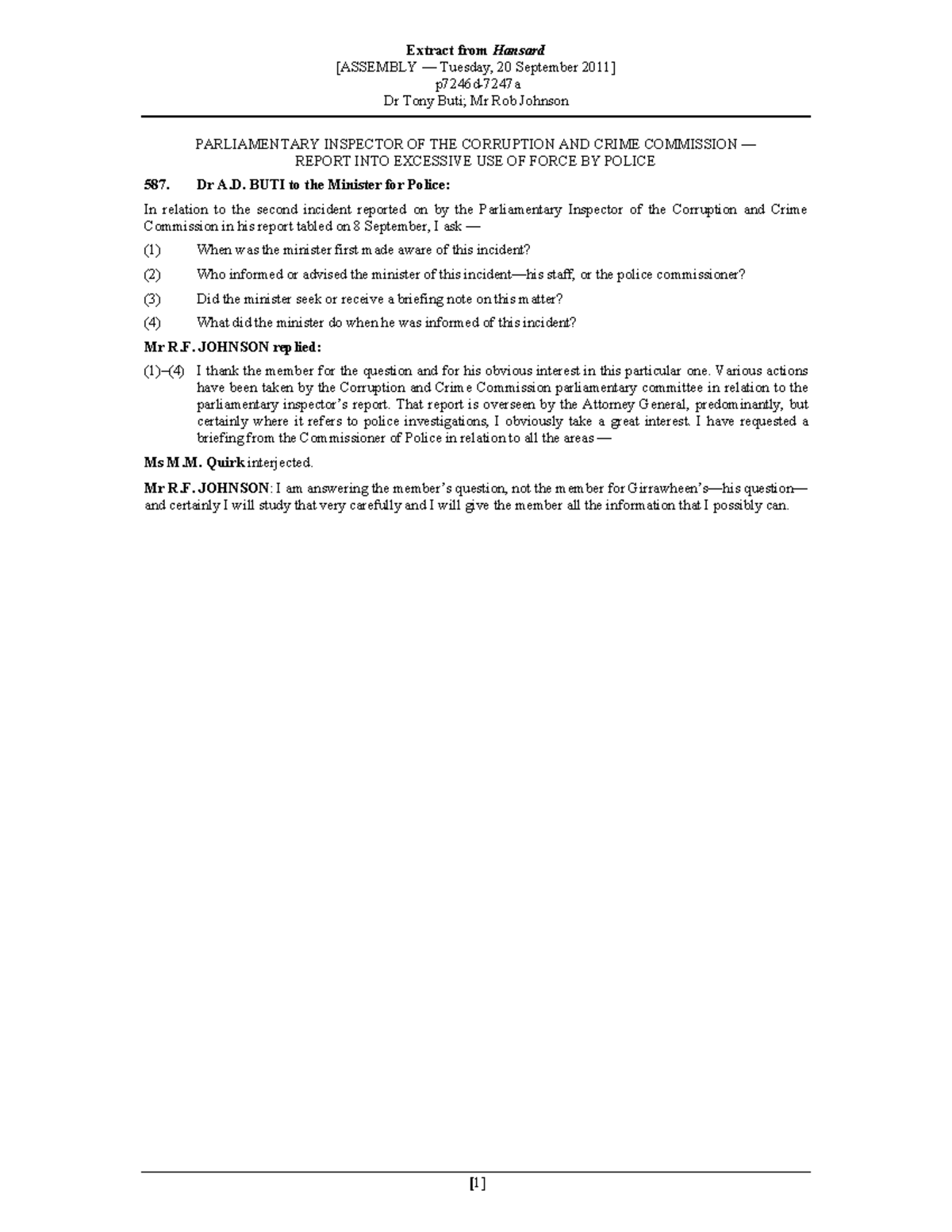 A38 S1 2011 0920 p7246d-7247a - Extract from Hansard [ASSEMBLY ó ...