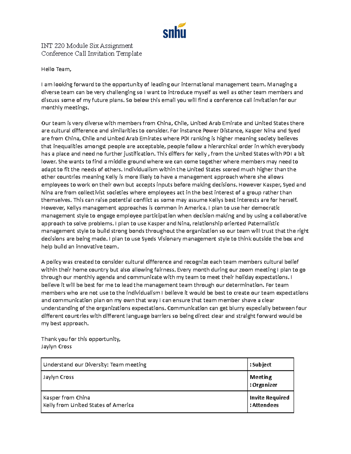 INT 220 Email Conference Call Invitation - INT 220 Module Six ...