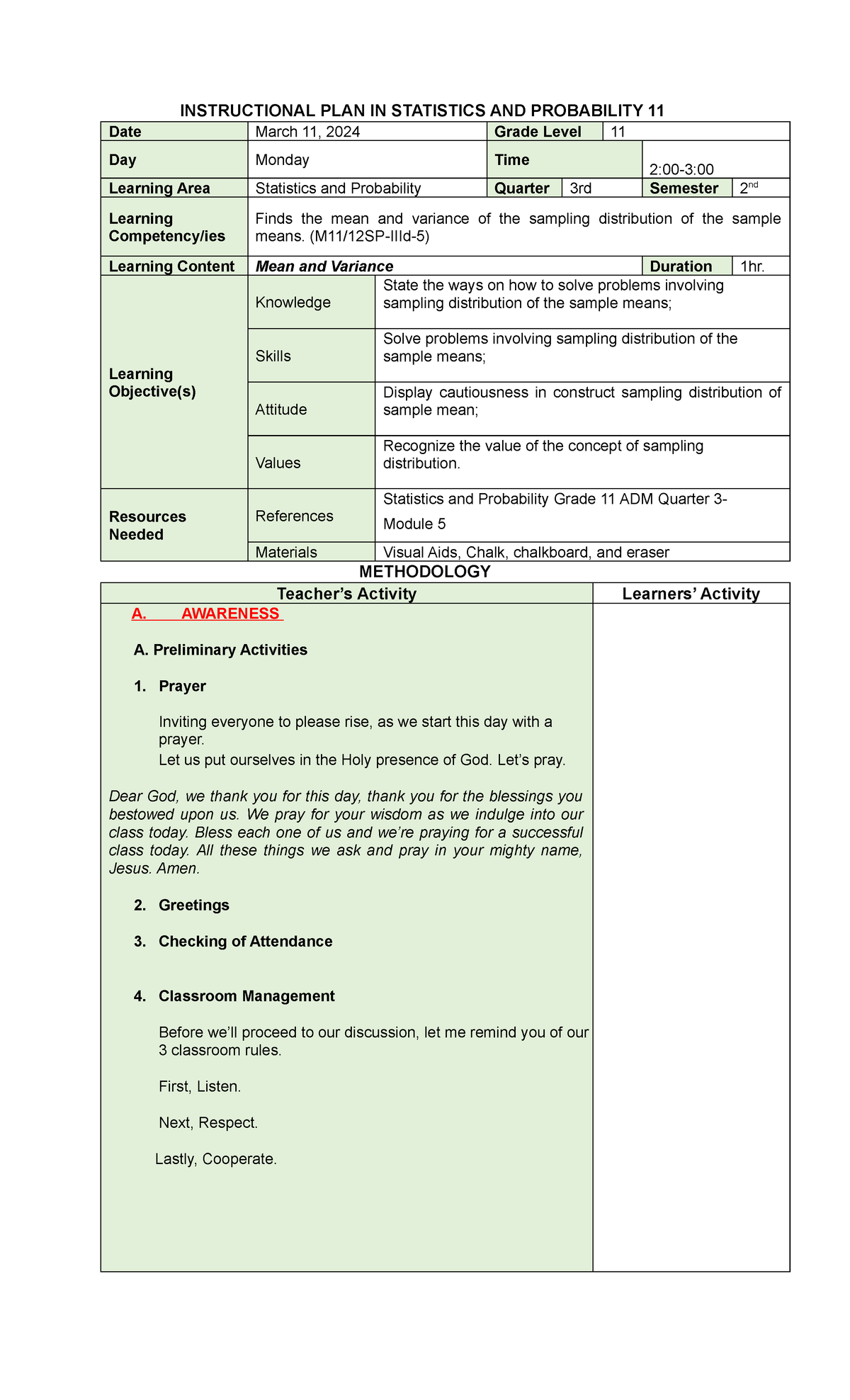 Day-9-Mean-and-Variance - INSTRUCTIONAL PLAN IN STATISTICS AND ...