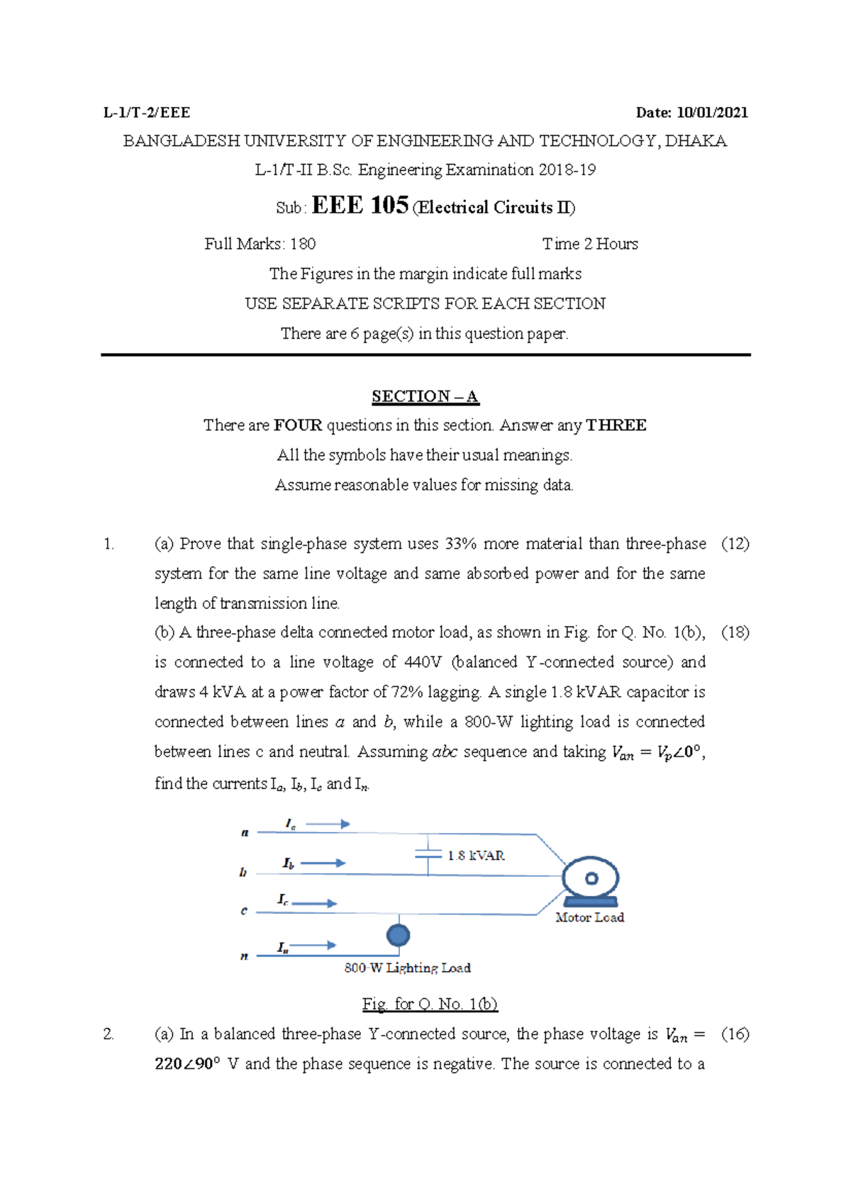 L-1, T-2, EEE, 2018-2019 (Online) - L- 1 /T-2/EEE Date: 10 /01/20 21 BANGLADESH UNIVERSITY OF ...