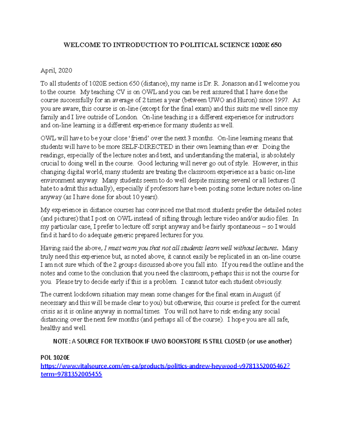 Welcome TO Introduction TO Political Science 1020E 650 2020 - WELCOME ...