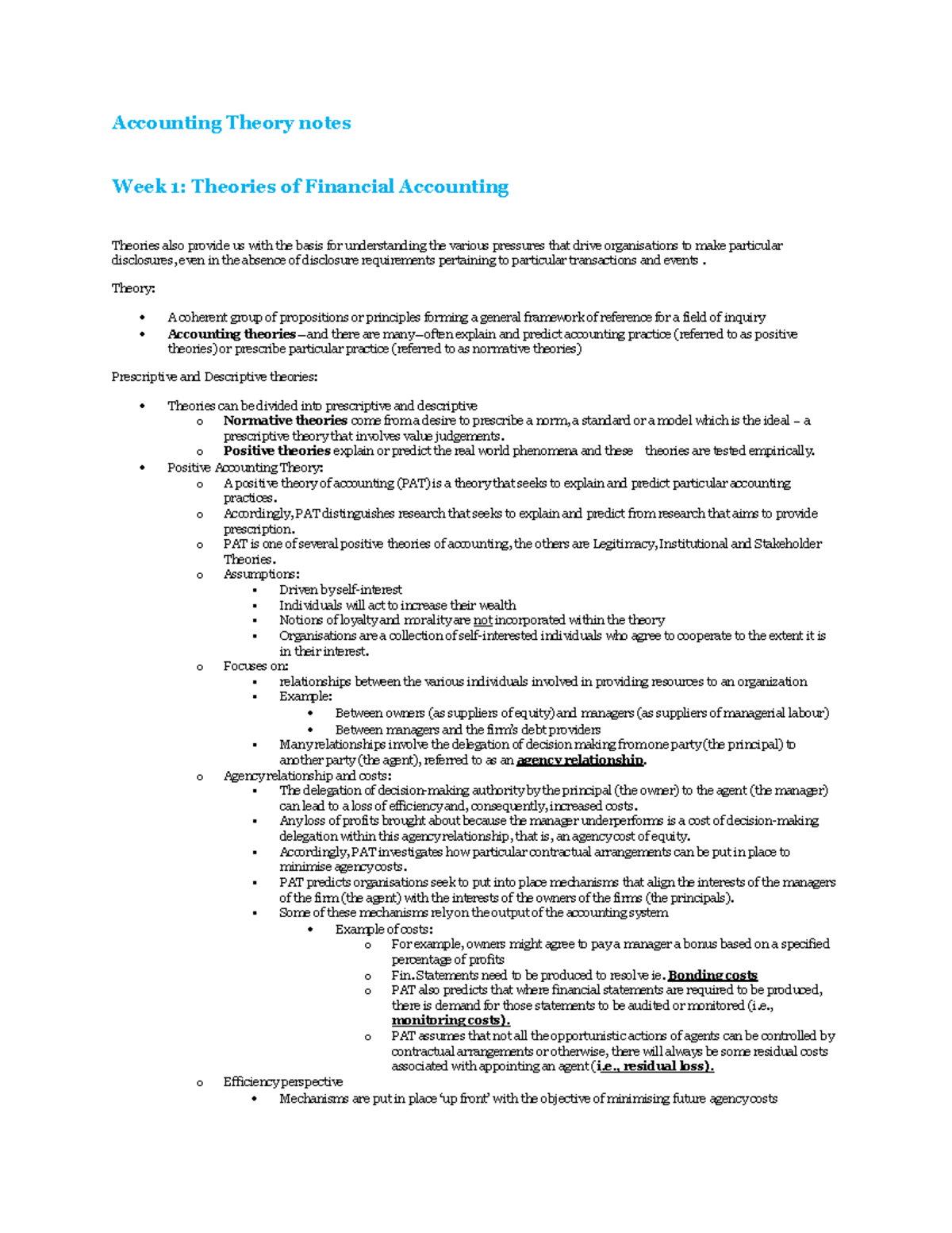 Study notes - Accounting Theory notes Week 1: Theories of Financial ...