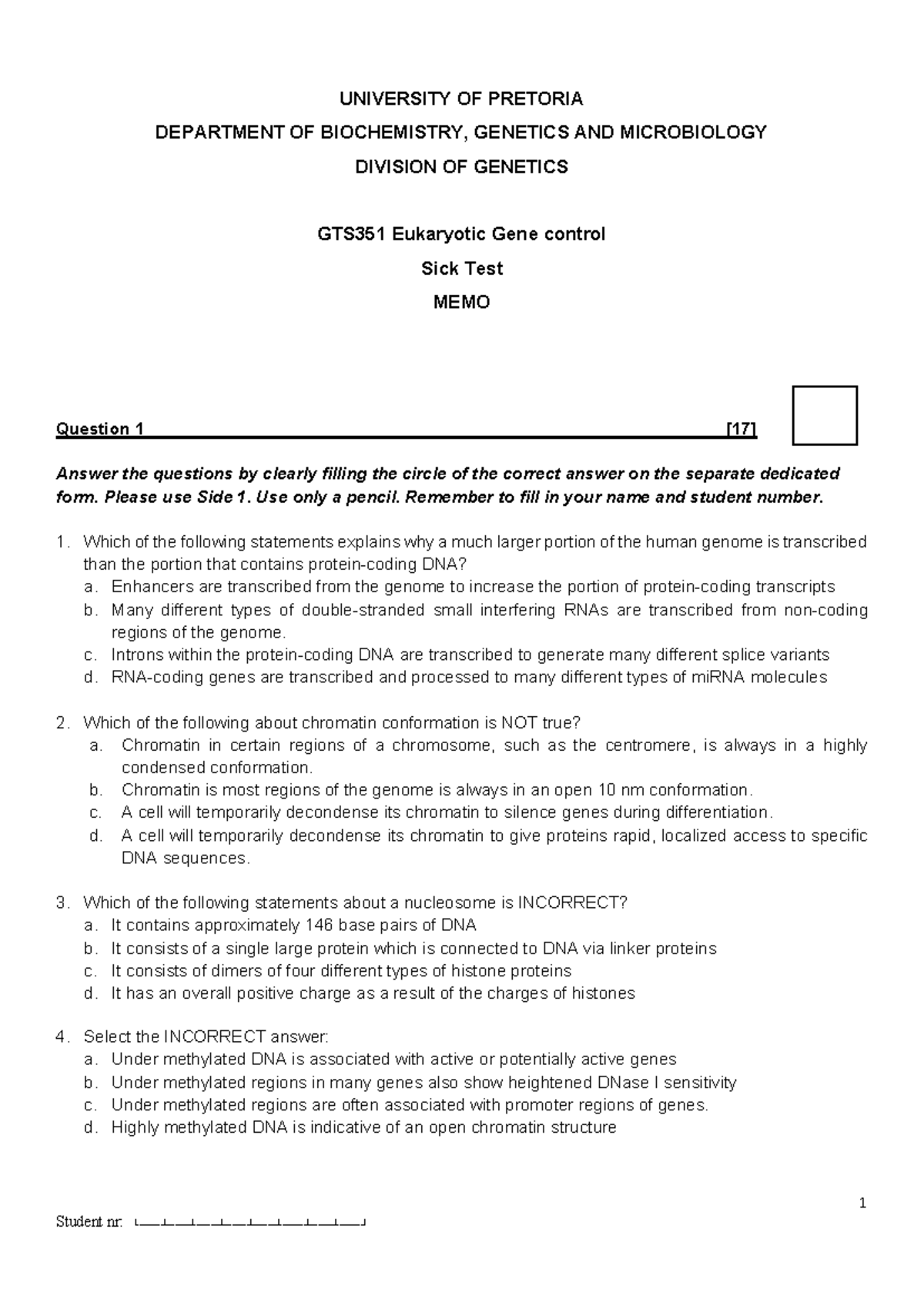 Sick Test MEMO 2022 - 1 UNIVERSITY OF PRETORIA DEPARTMENT OF ...