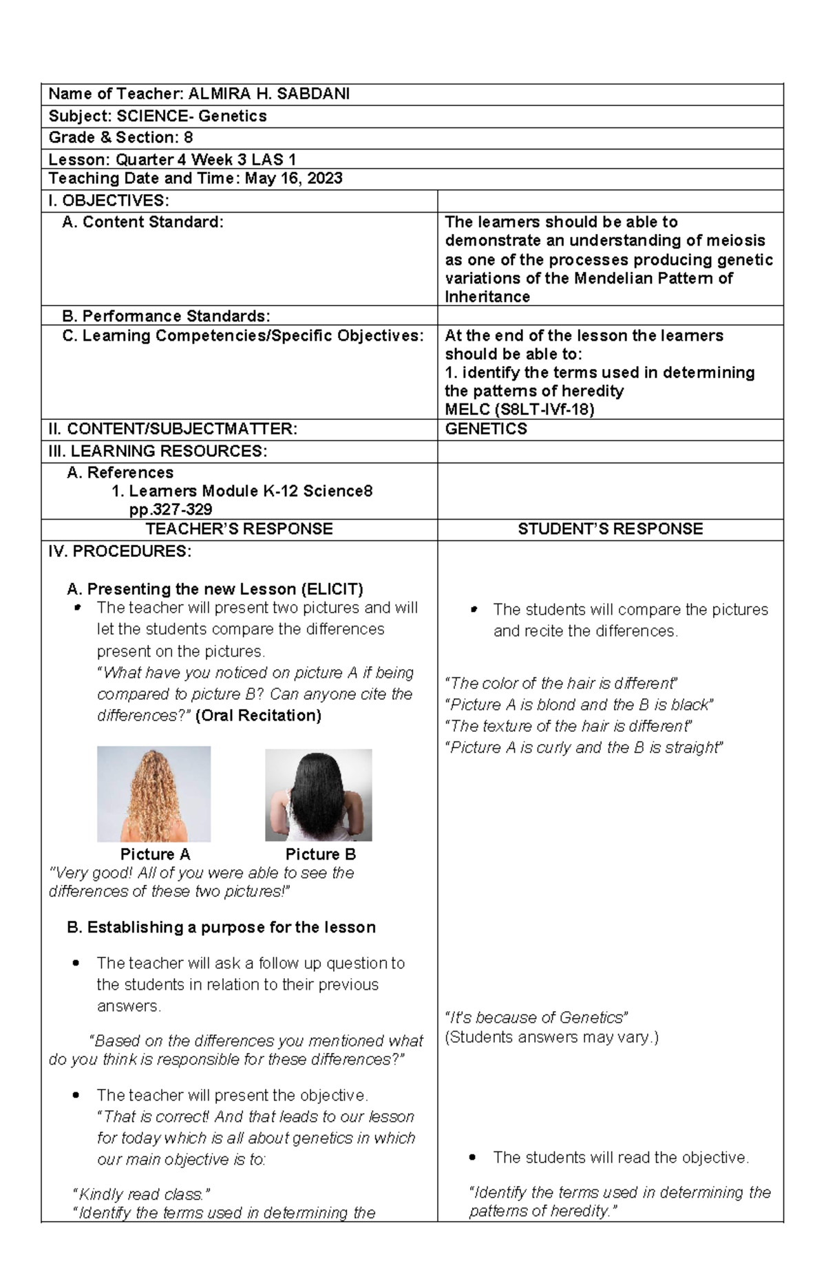 Lesson Plan in Genetics - Name of Teacher: ALMIRA H. SABDANI Subject ...