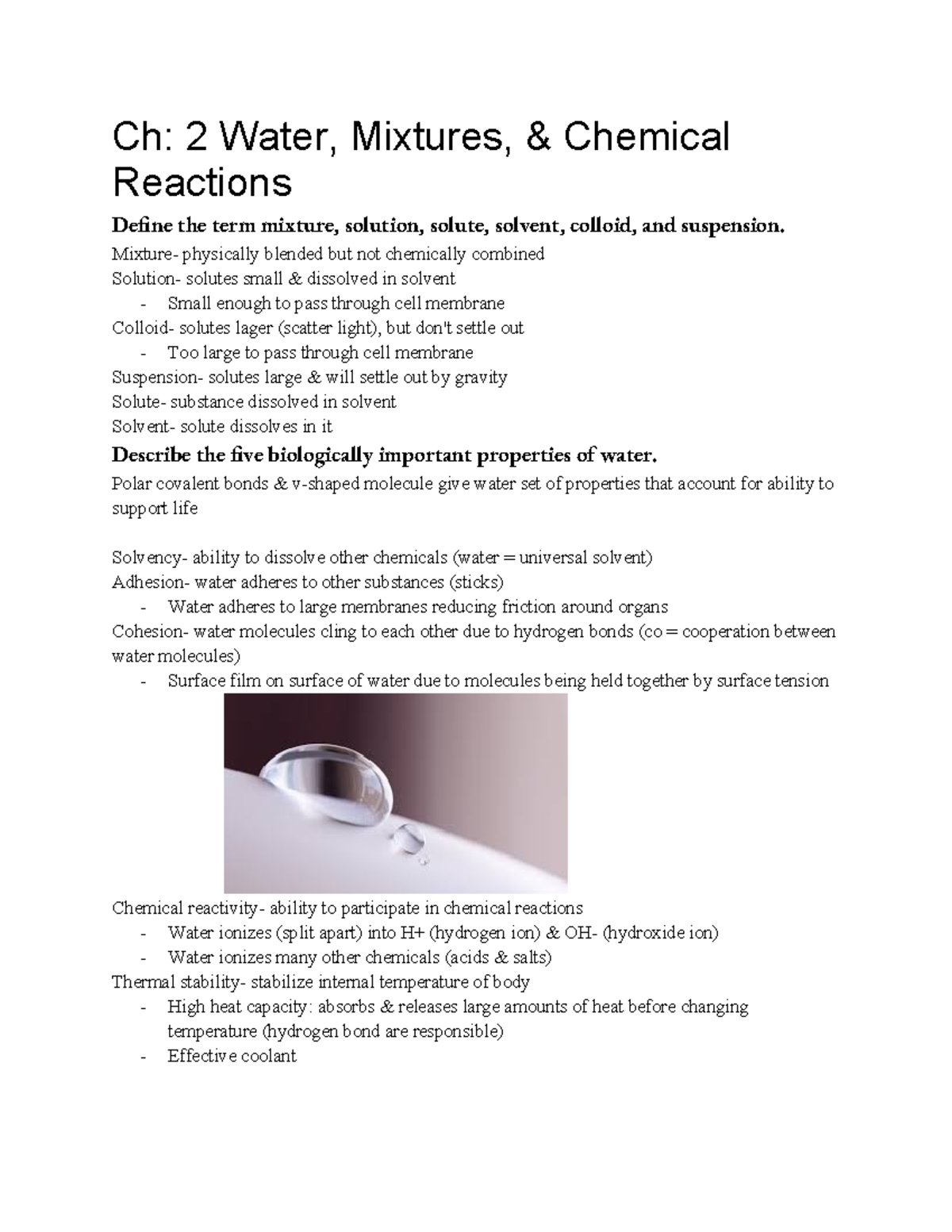 Ch 2 Water, Mixtures, & Chemical Reactions - Ch: 2 Water, Mixtures ...
