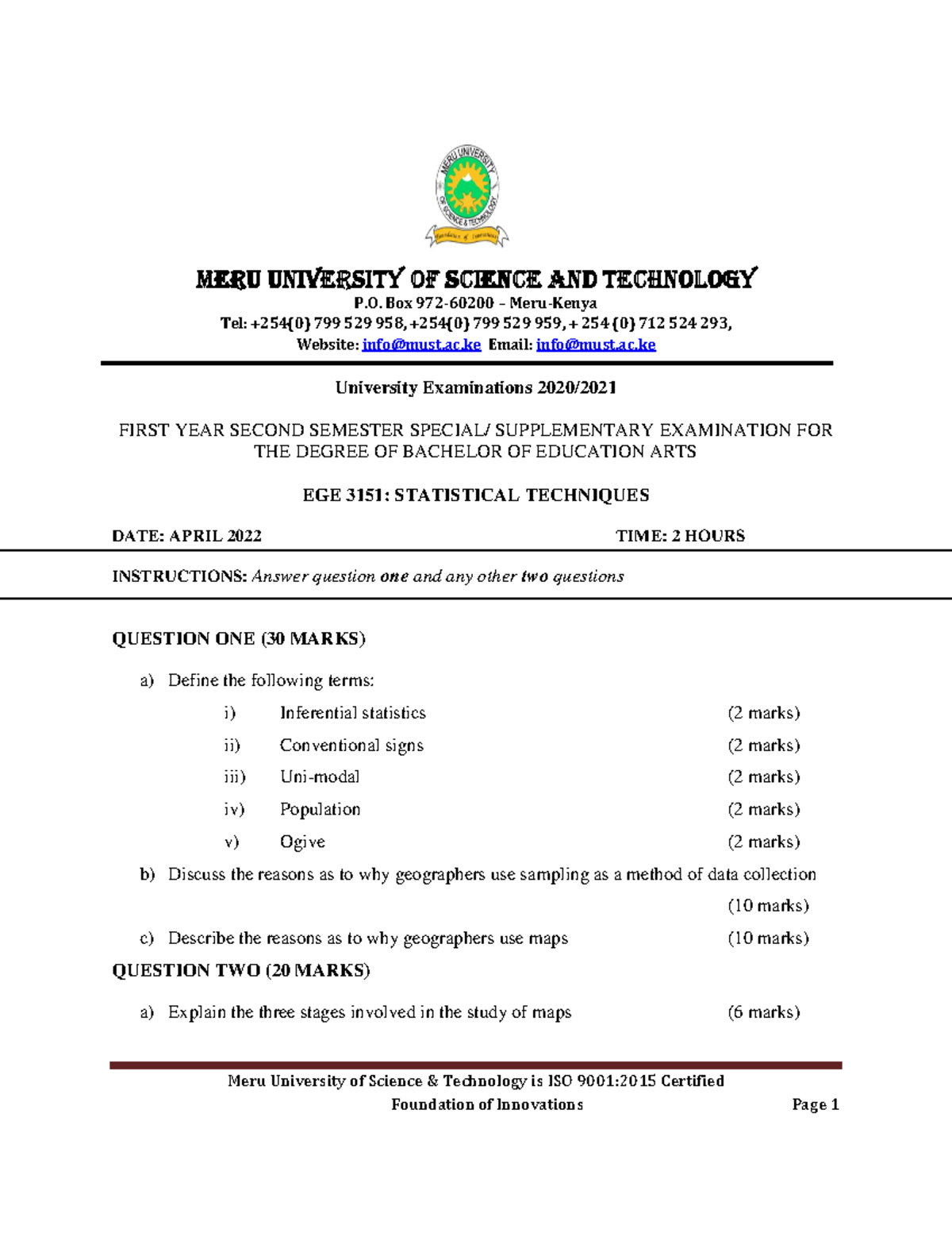 EGE 3151 Statistical techniques - Meru University of Science & Technology is ISO 9001:2015 - Studocu