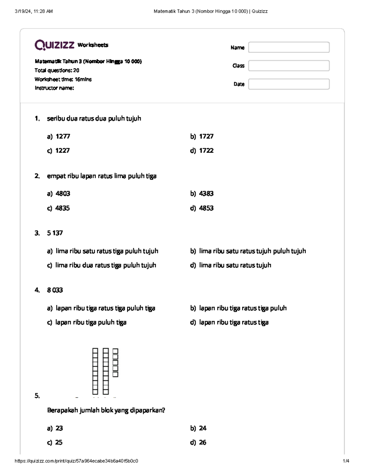 Matematik Tahun 3 (Nombor Hingga 10 000) Quizizz - Worksheets Matematik ...