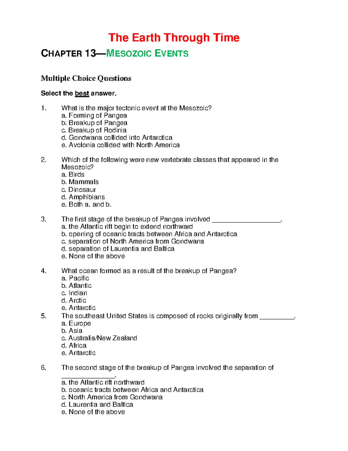 Ch13 Mesozoic Events Test - The Earth Through Time CHAPTER 13 —MESOZOIC ...
