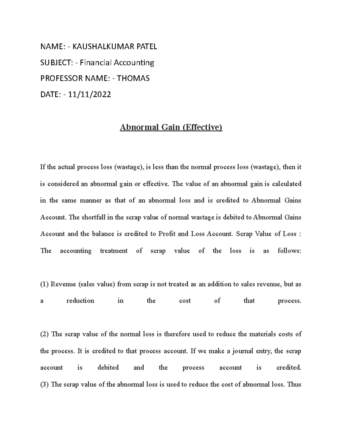 Abnormal Gain (Effective) - NAME: - KAUSHALKUMAR PATEL SUBJECT ...