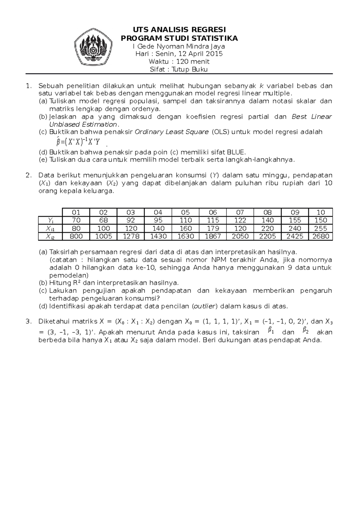 UTS Analisis Regresi 2015 - UTS ANALISIS REGRESI PROGRAM STUDI ...