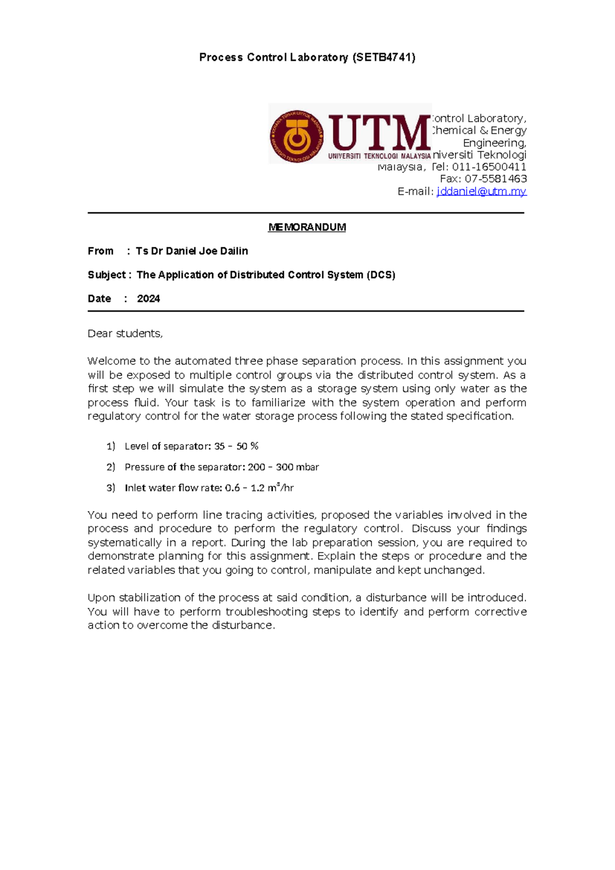 Memo DCS-2024 - Process Control Laboratory (SETB4741) Process Control Laboratory, N15, Faculty ...