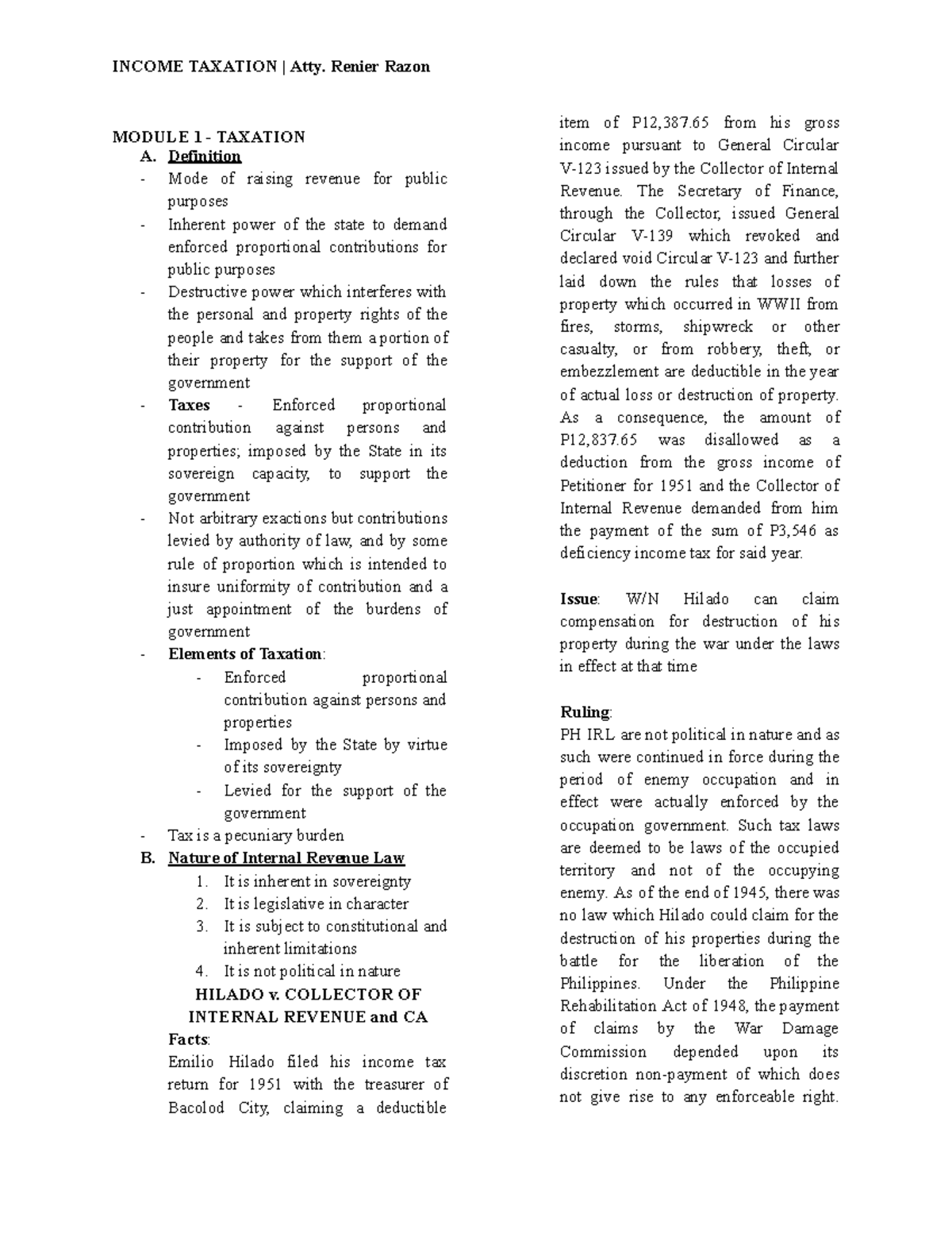 TAX1 Notes - MODULE 1 - TAXATION A. Definition Mode of raising revenue ...