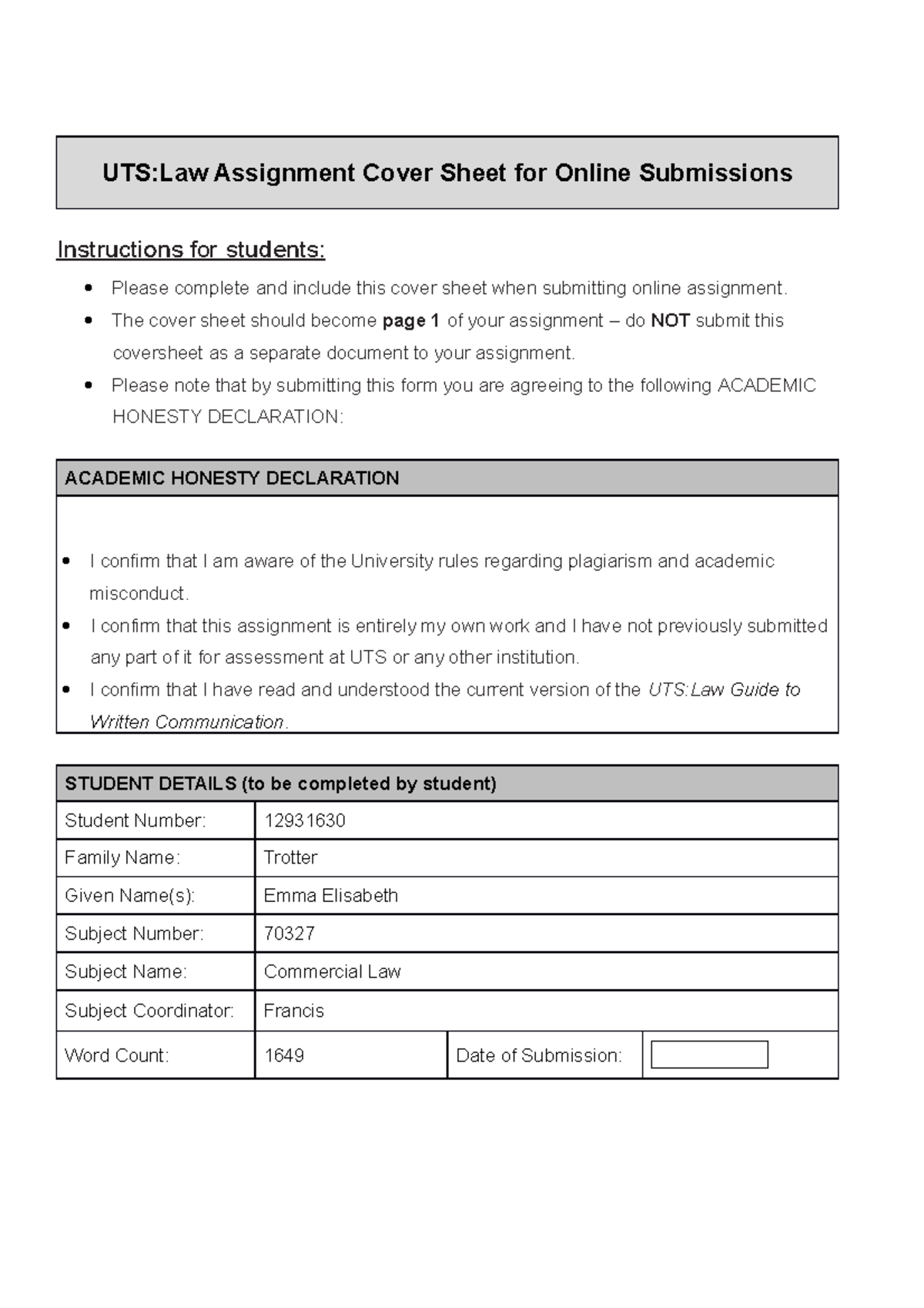 Final assignment 2 2019 - UTS:Law Assignment Cover Sheet for Online ...