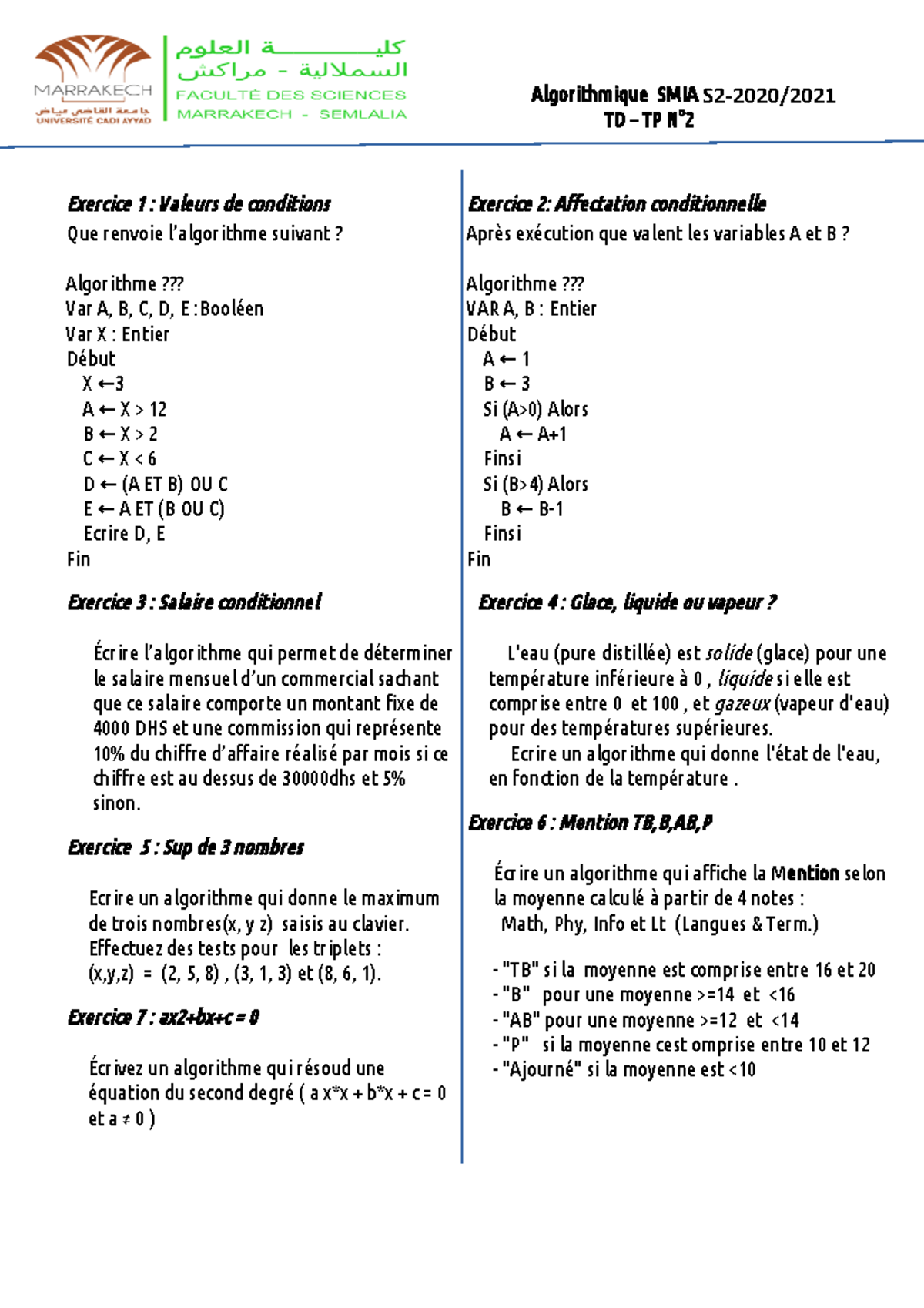 TD2 Les Instructions Conditionnelles - Algorithmique SMIA S2- 2020 TD – TP N° 2 Exercice 1 ...