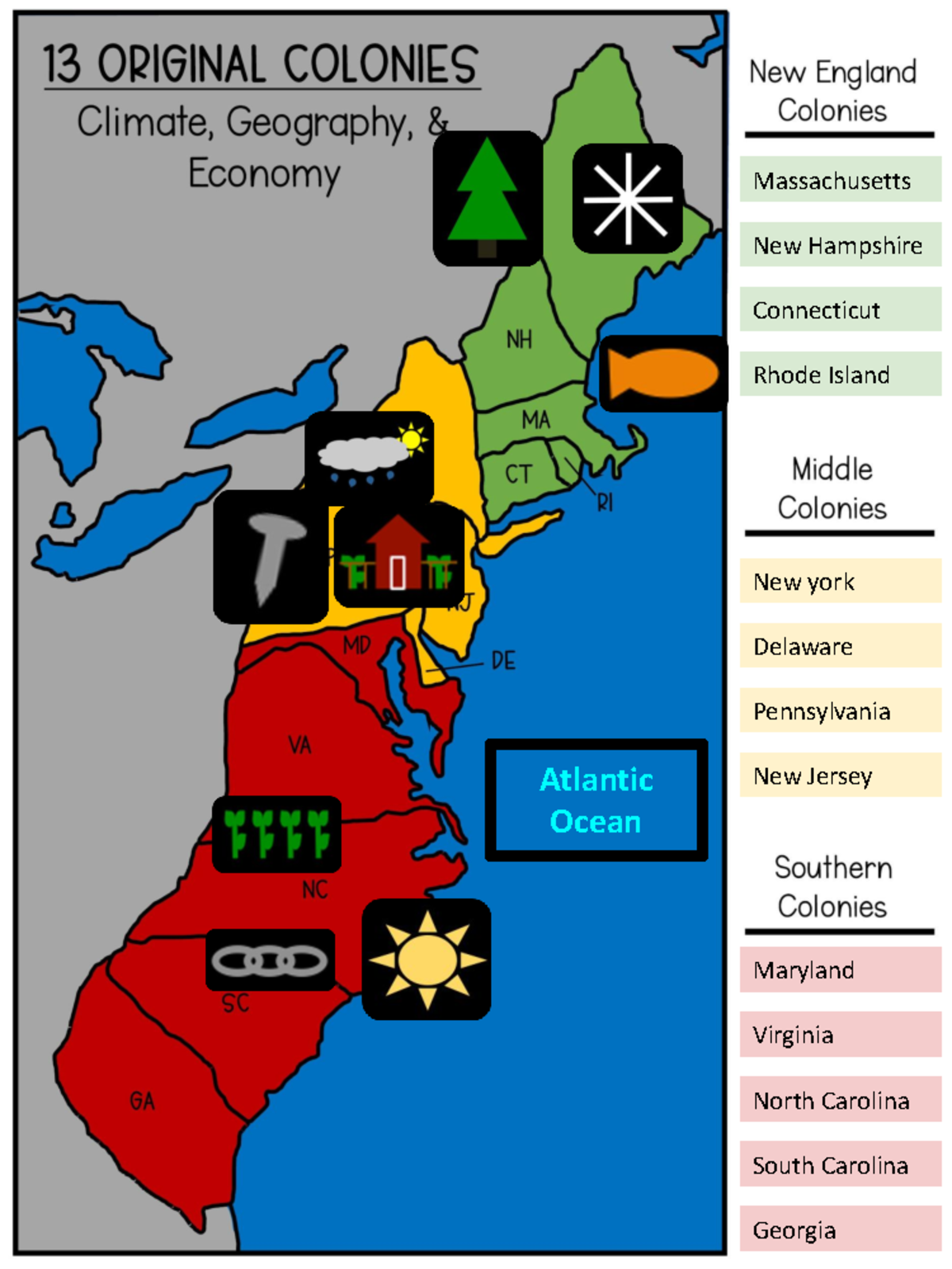 The 13 Original Colonies - Massachusetts New Hampshire Connecticut ...